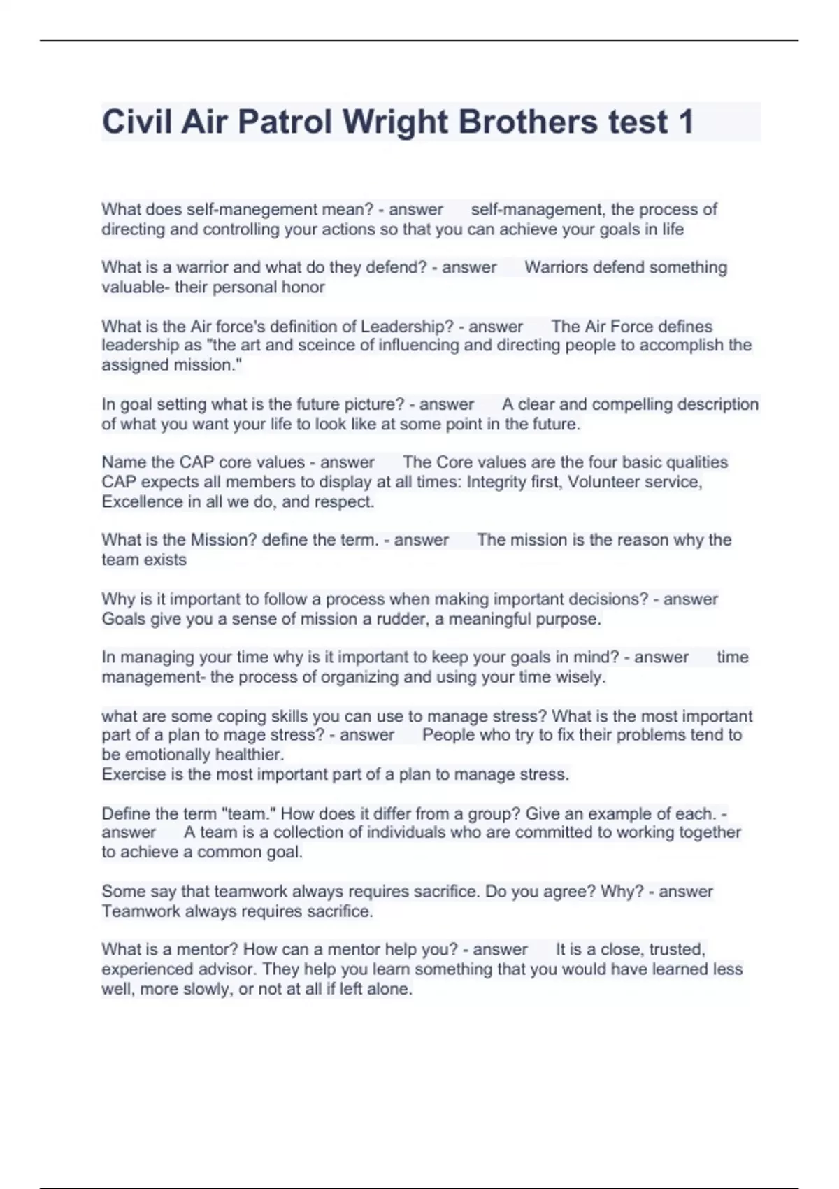 Civil Air Patrol Wright Brothers test 1 Questions with complete ...