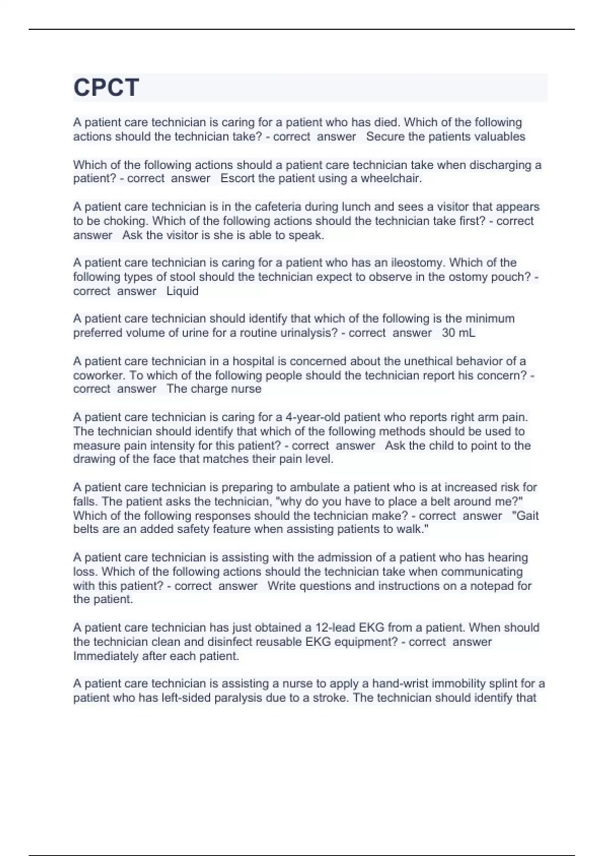 CPCT Question and answers 100% correct 2023 - Cpct - Stuvia US