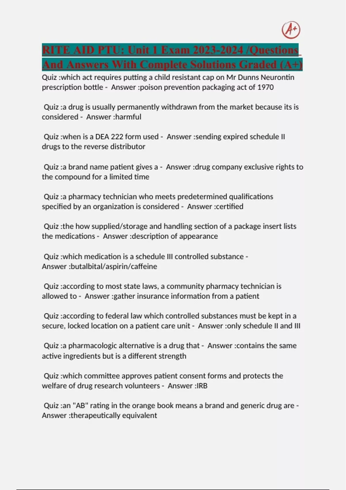 RITE AID PTU: Unit 1 Exam /Questions And Answers With Complete ...