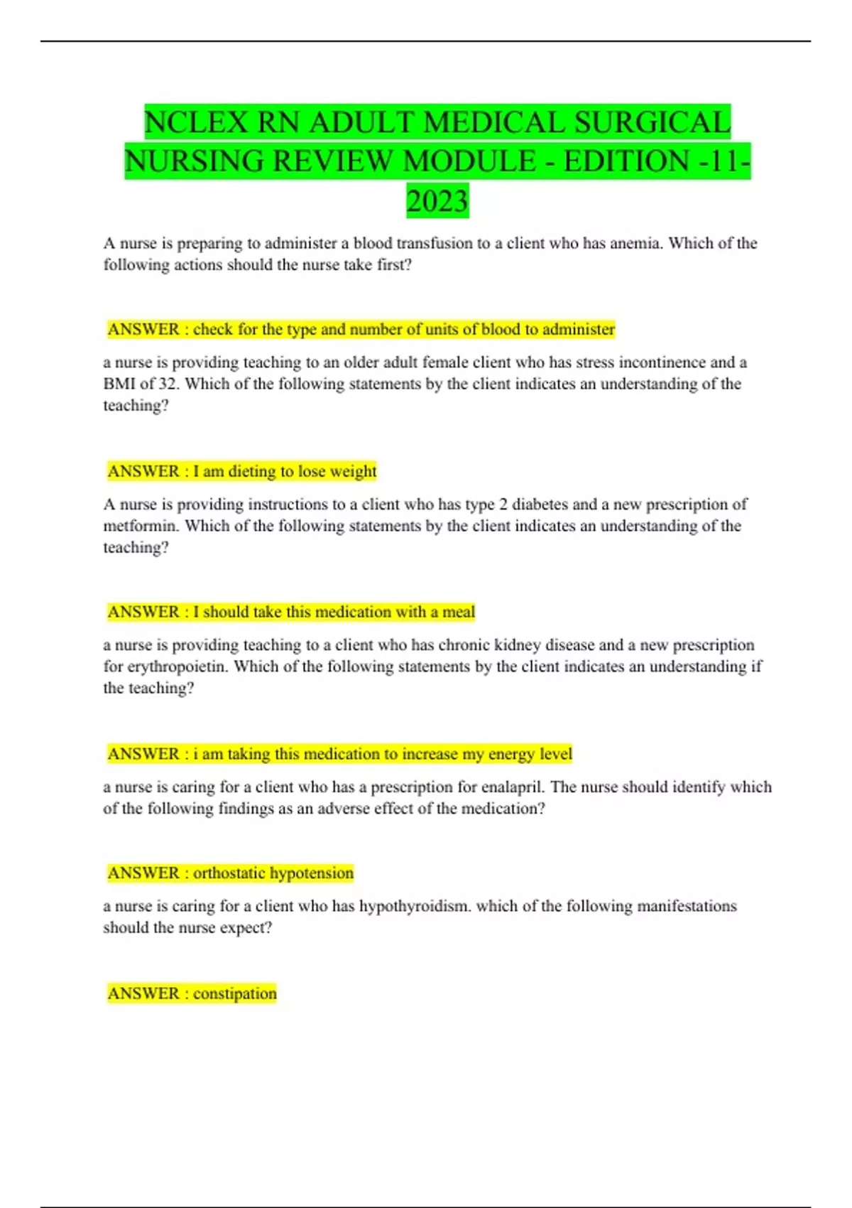 NCLEX RN ADULT MEDICAL SURGICAL NURSING REVIEW MODULE - EDITION -11 ...