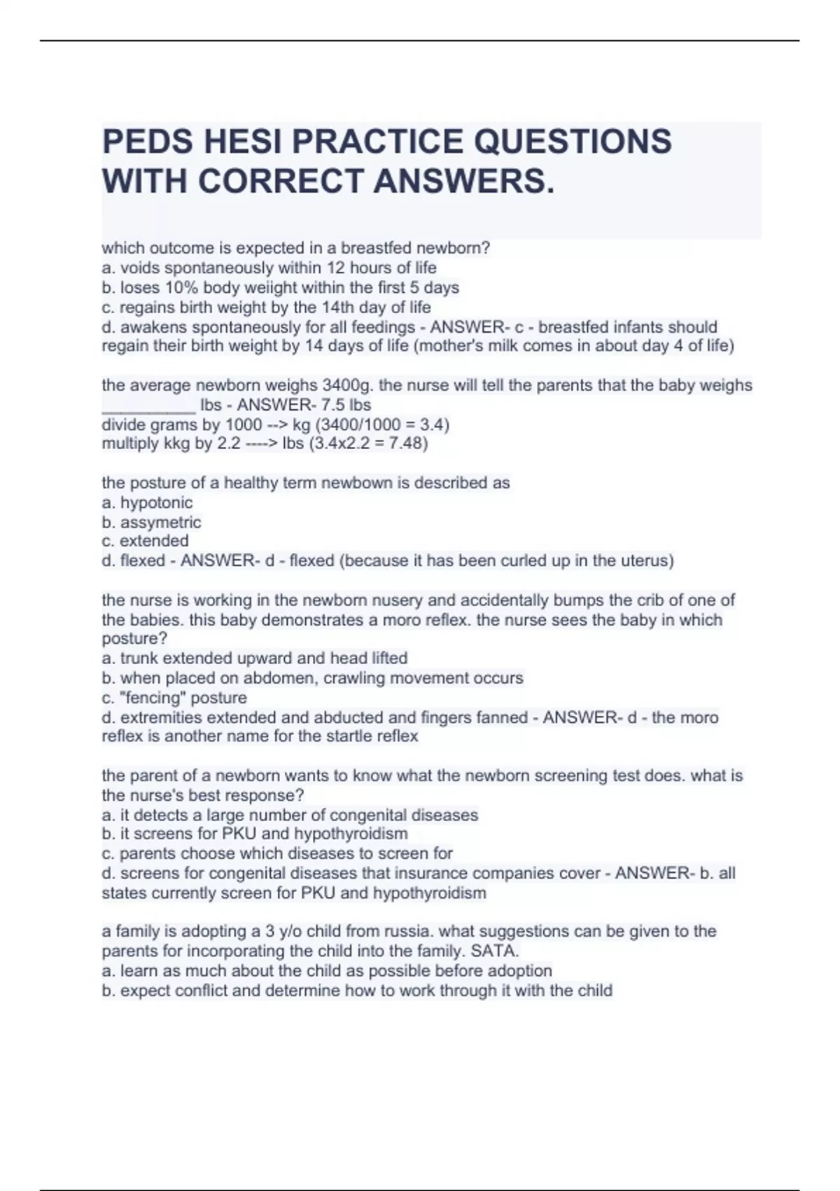 PEDS HESI PRACTICE QUESTIONS WITH CORRECT ANSWERS. - PEDS HESI - Stuvia US