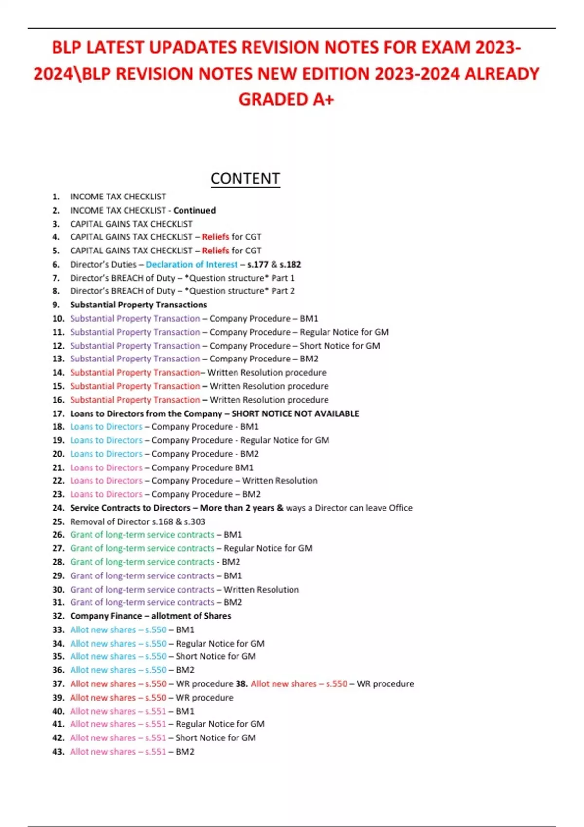 BLP LATEST UPADATES REVISION NOTES FOR EXAM BLP REVISION NOTES NEW ...