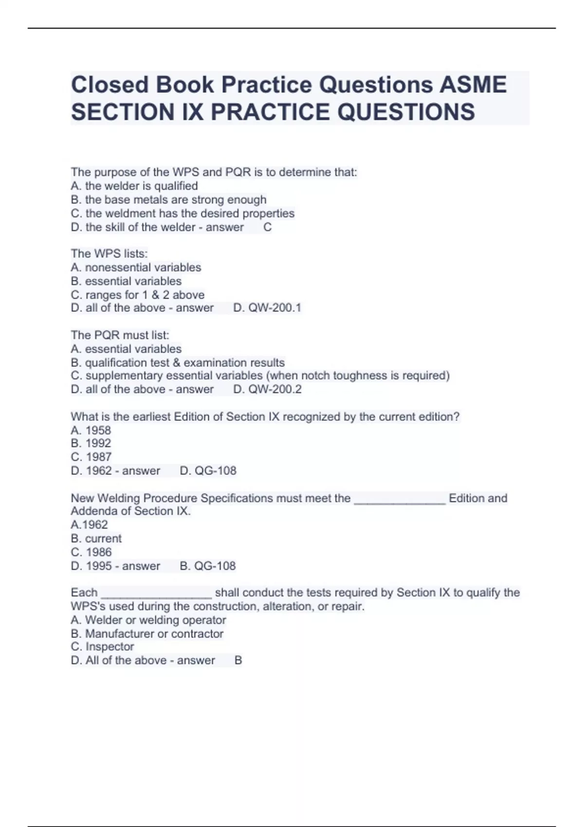 Closed Book Practice Questions ASME SECTION IX PRACTICE QUESTIONS WITH ...
