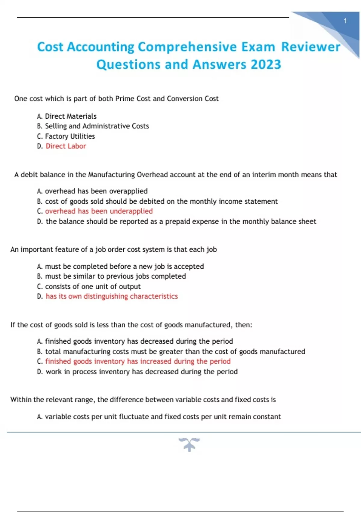 Cost Accounting Comprehensive Exam Reviewer Questions and Answers 2023 ...