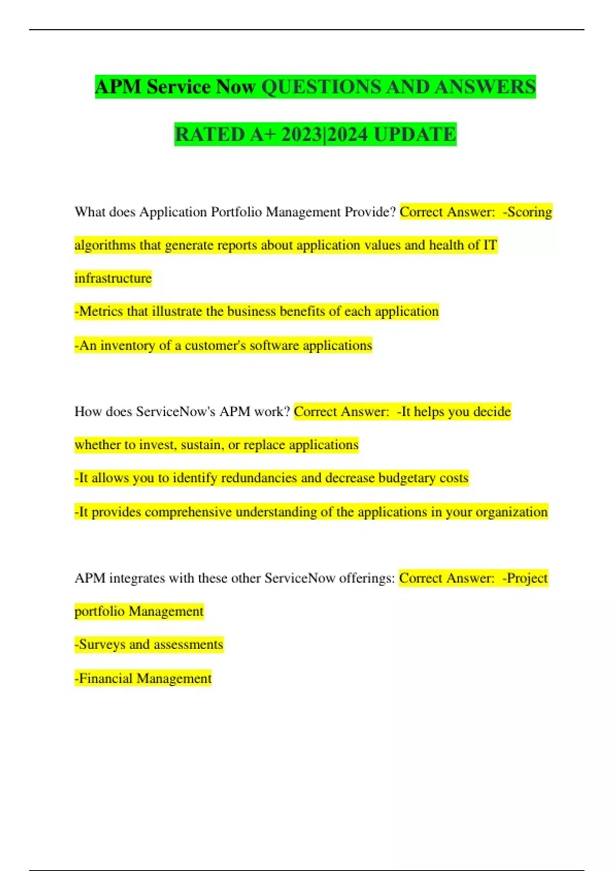APM Service Now QUESTIONS AND ANSWERS RATED A+ 2023|2024 UPDATE - CAPM ...