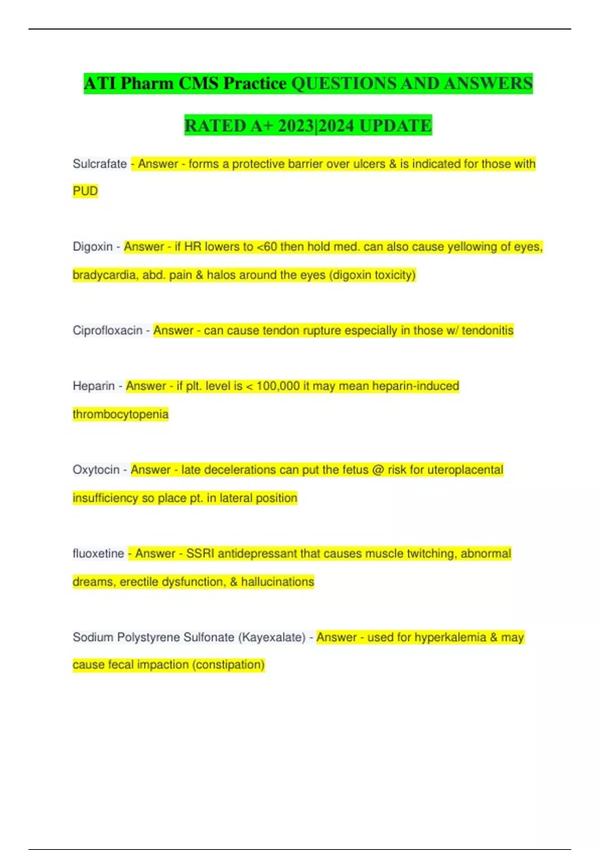 ATI Pharm CMS Practice QUESTIONS AND ANSWERS RATED A+ 2023|2024 UPDATE ...