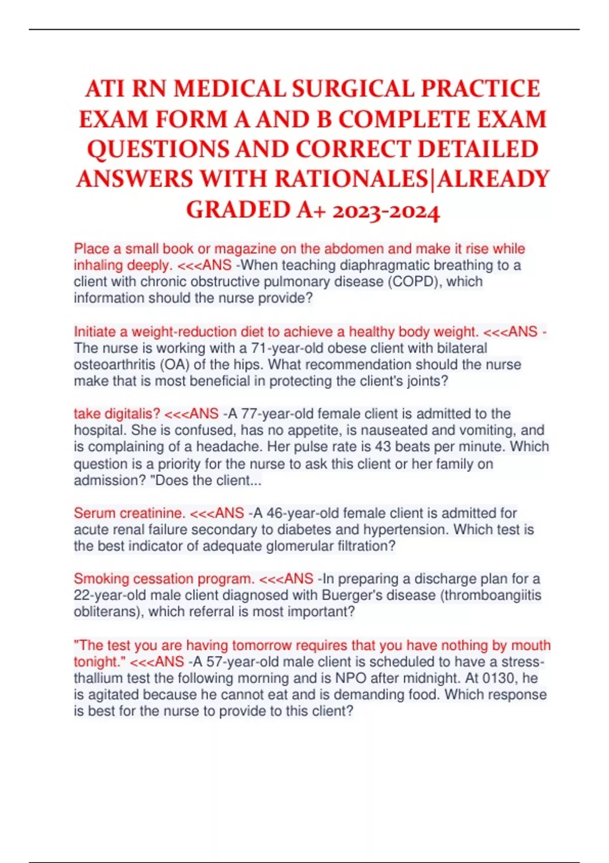 ATI RN MEDICAL SURGICAL PRACTICE EXAM FORM A AND B COMPLETE EXAM ...