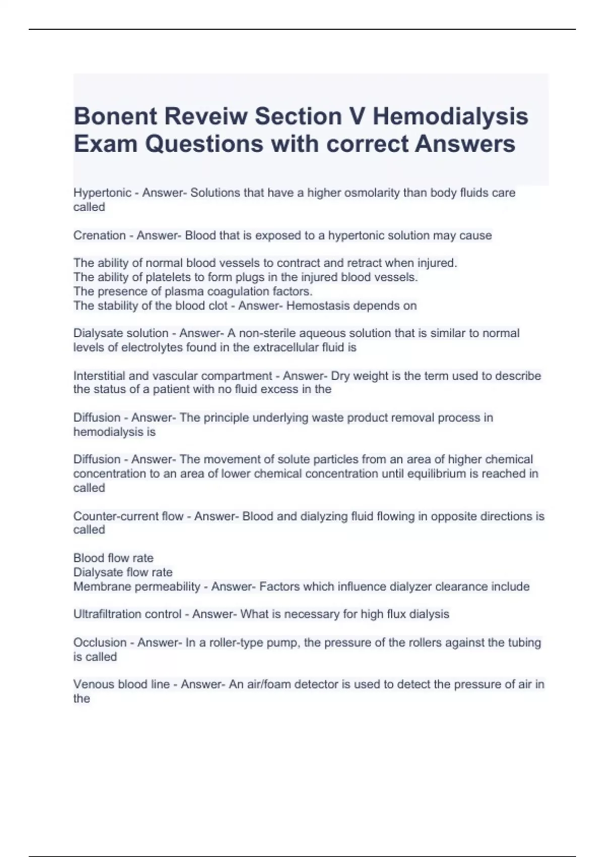 Bonent Reveiw Section V Hemodialysis Exam Questions with correct Answers - Bonent - Stuvia US