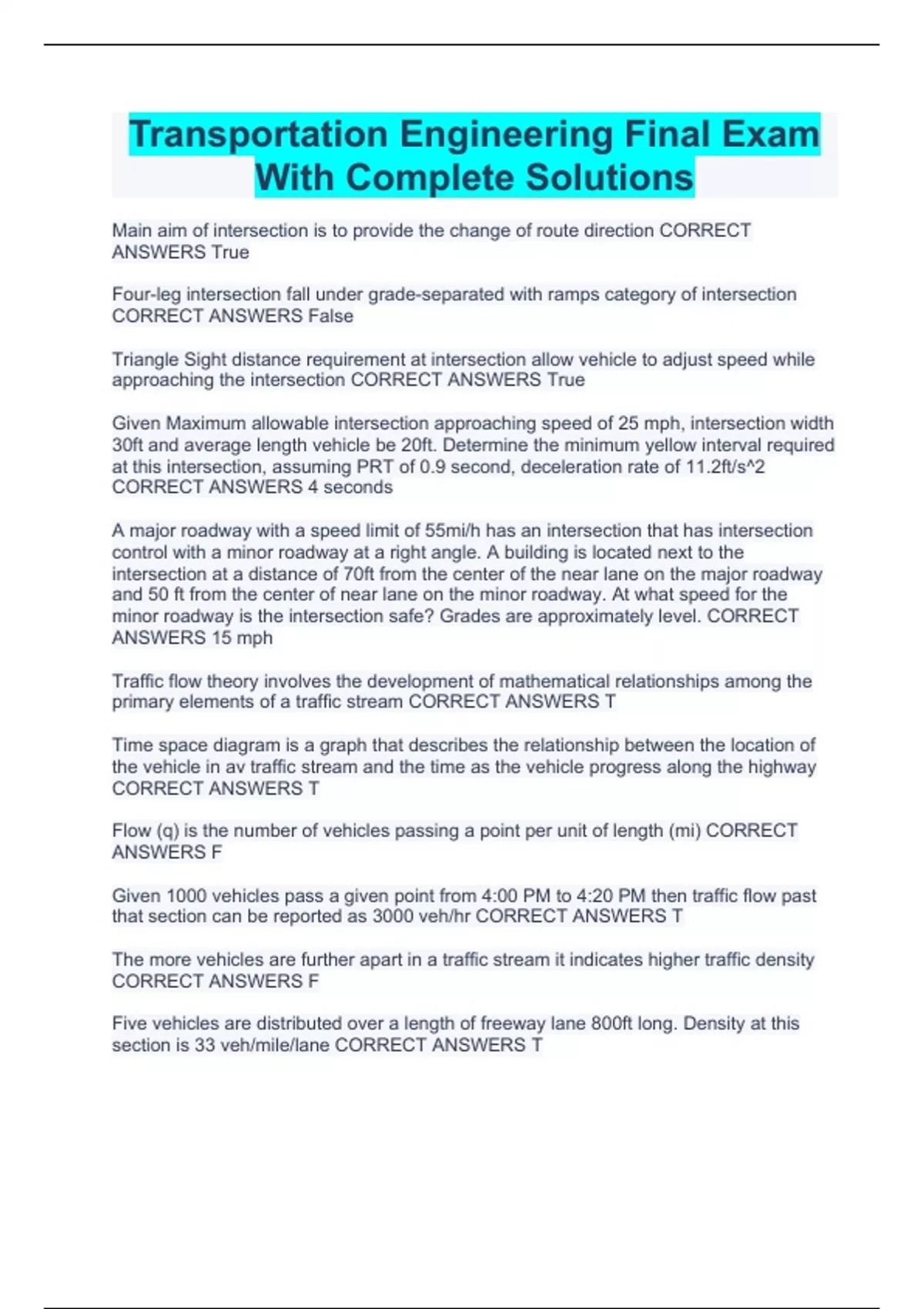 Transportation Engineering Final Exam With Complete Solutions - TPG3700 ...