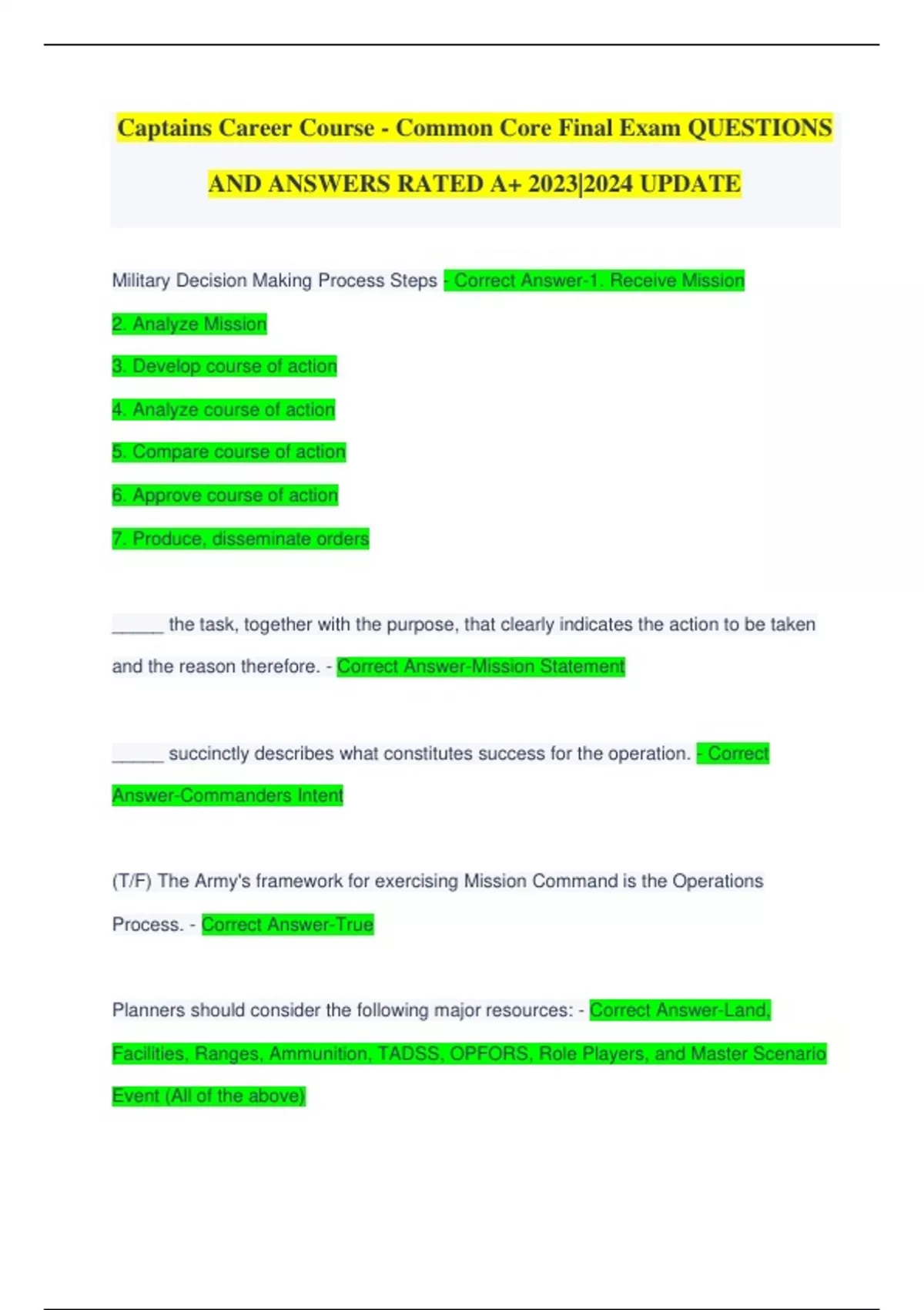 Captains Career Course Common Core Final Exam Questions And Answers Rated A 2023 2024 Update