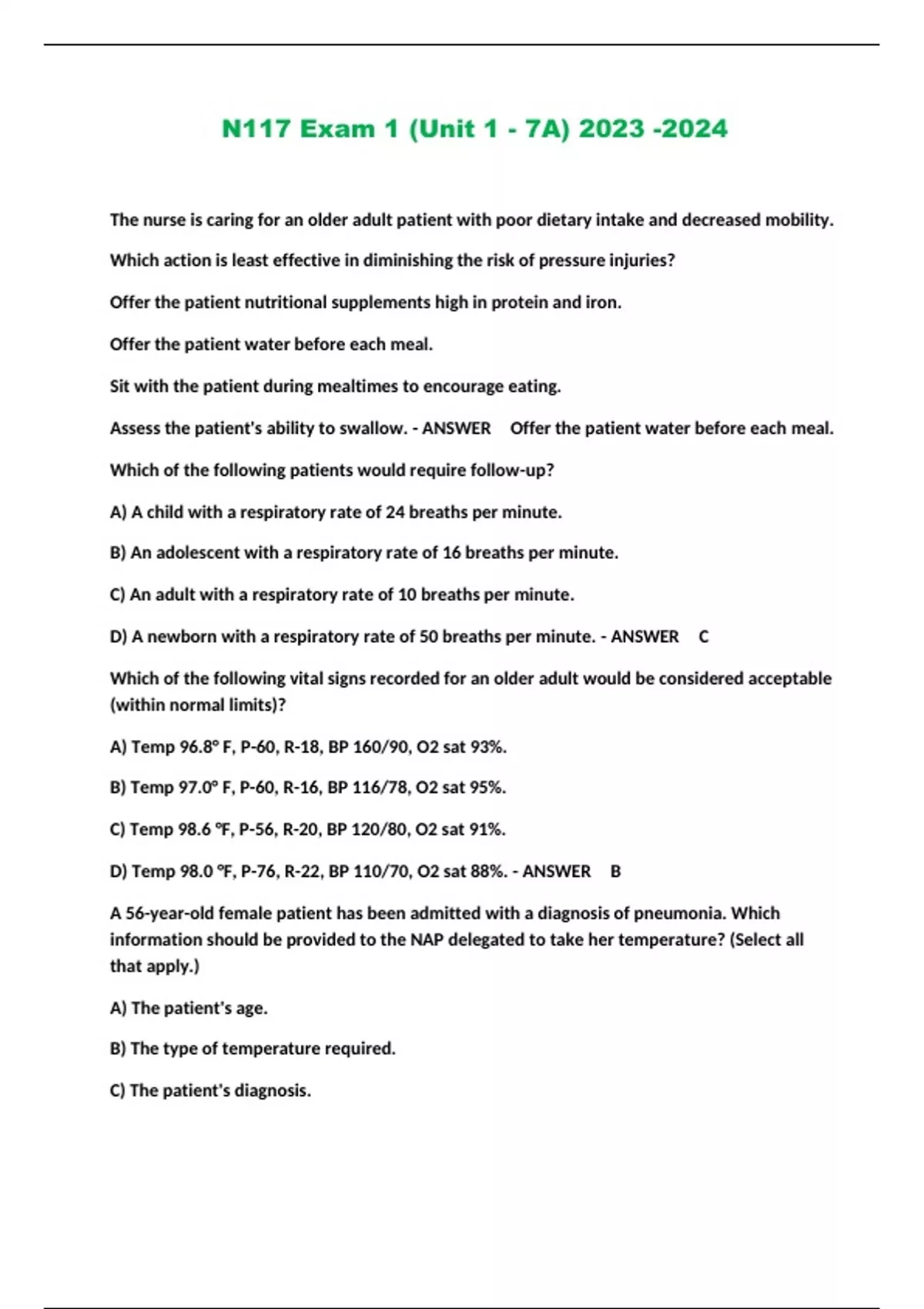 N117 Exam 1 (Unit 1 - 7A) - N117 - Stuvia US
