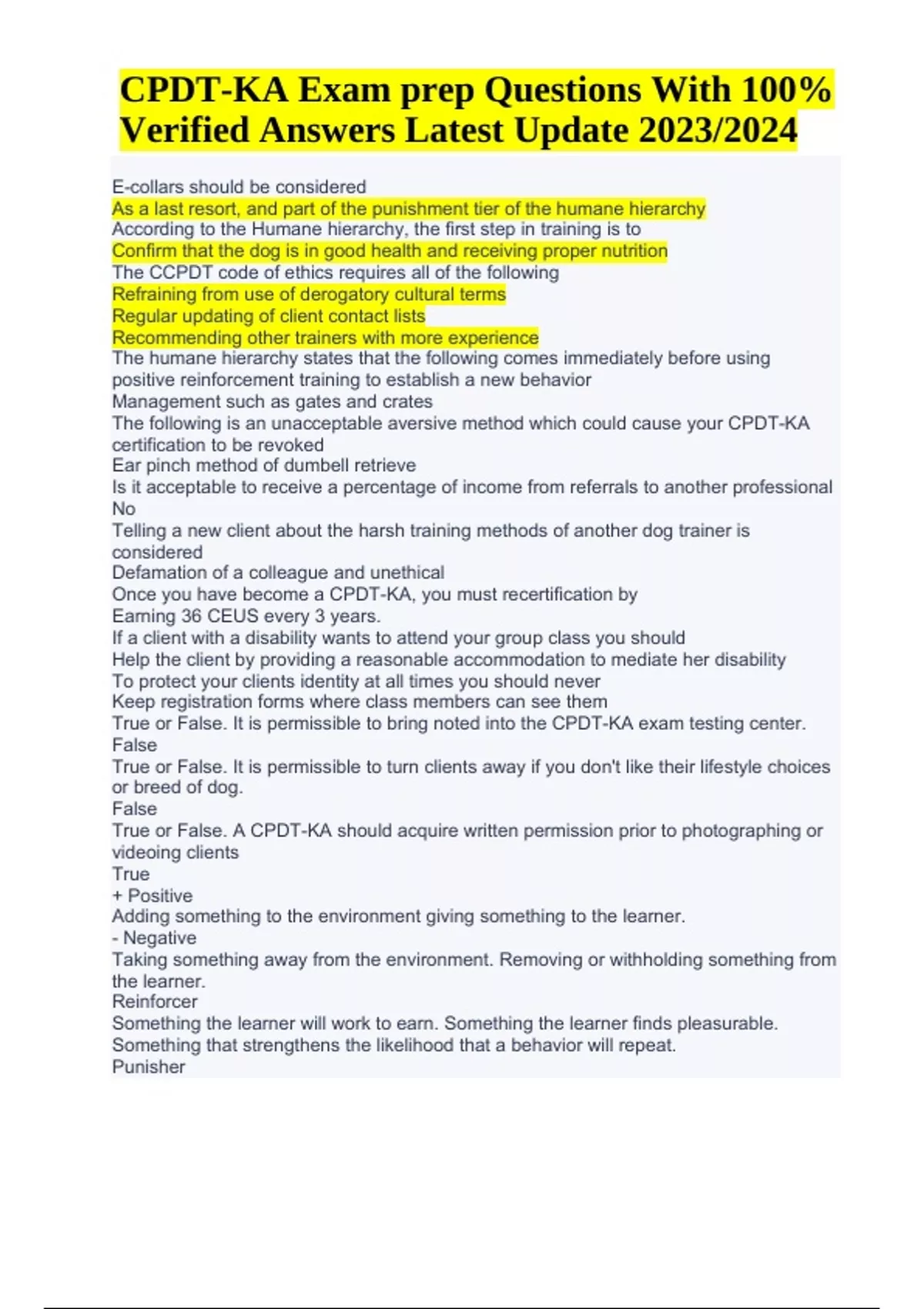 CPDT-KA Exam prep Questions With 100% Verified Answers Latest Update ...