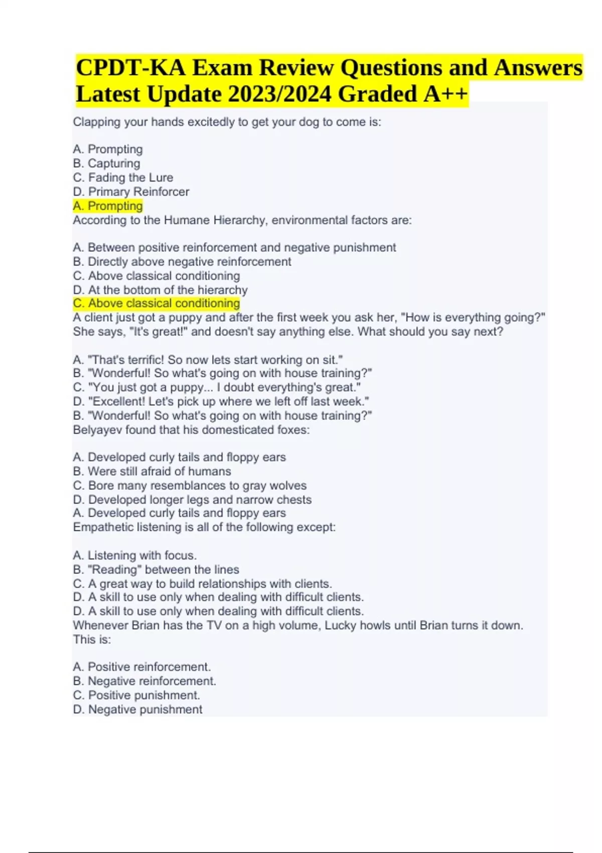 CPDT-KA Exam Review Questions and Answers Latest Update 2023/2024 ...