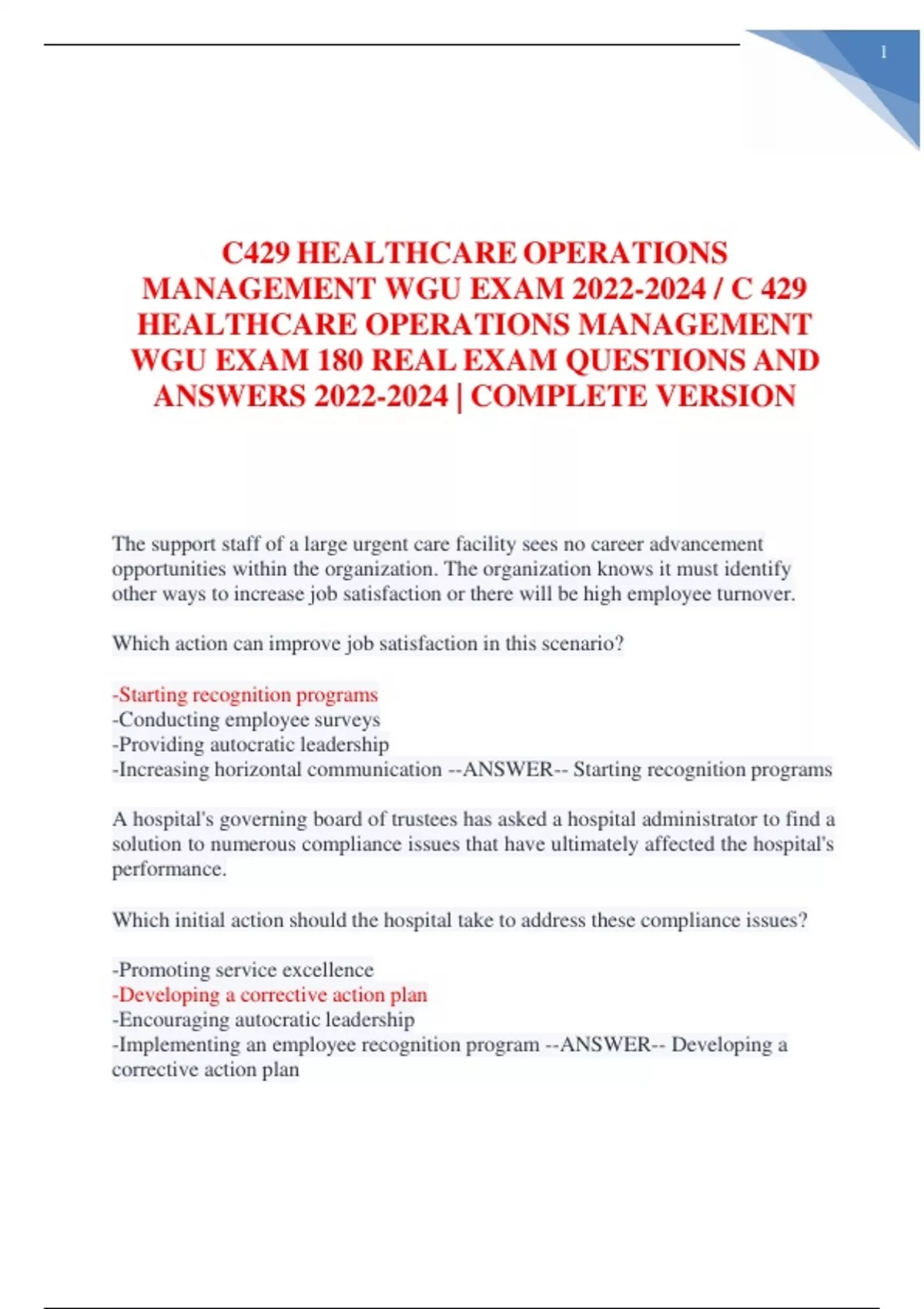 C429 HEALTHCARE OPERATIONS MANAGEMENT WGU EXAM / C 429 HEALTHCARE OPERATIONS MANAGEMENT WGU EXAM ...