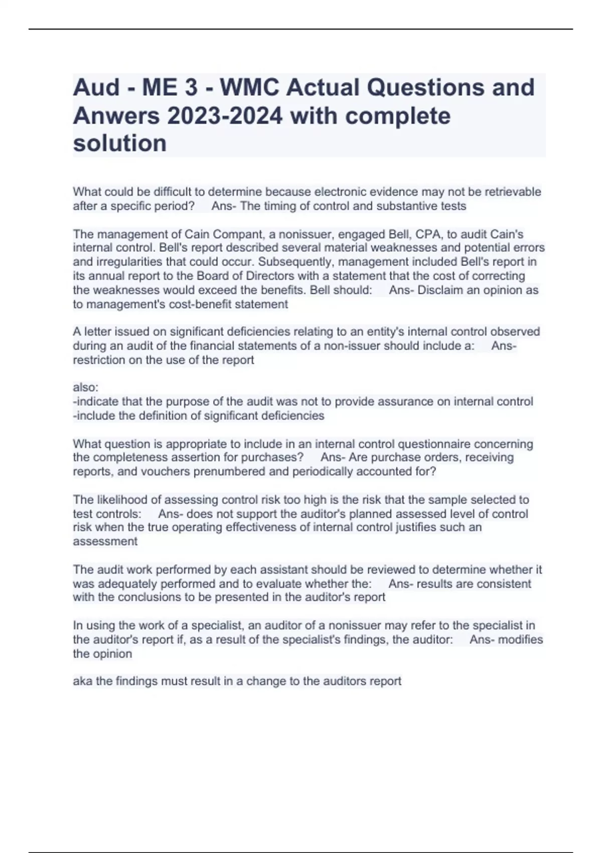 Aud - ME 3 - WMC Actual Questions and Anwers with complete solution - Aud - ME 3 - WMC - Stuvia US