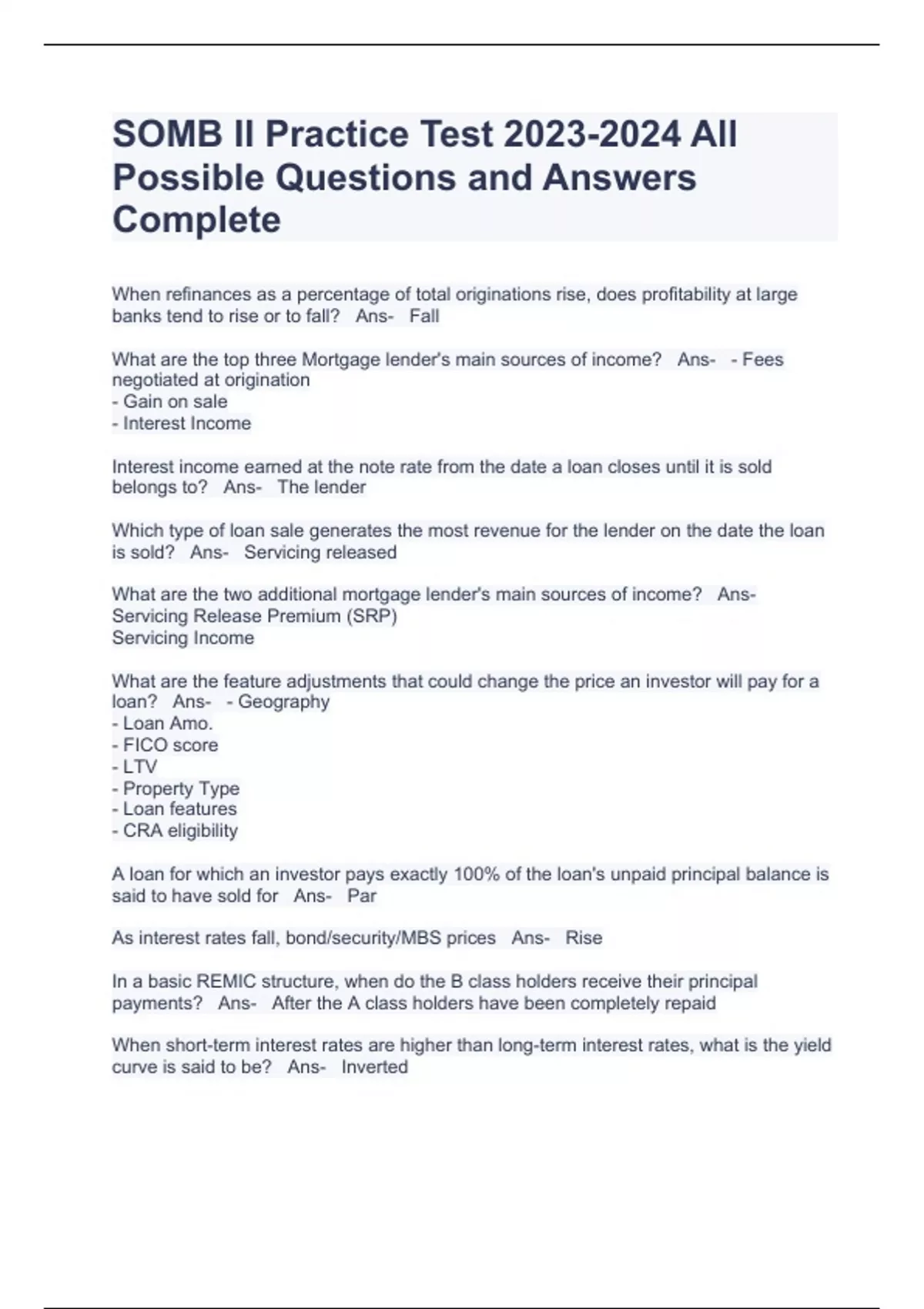 SOMB II Practice Test All Possible Questions and Answers Complete ...