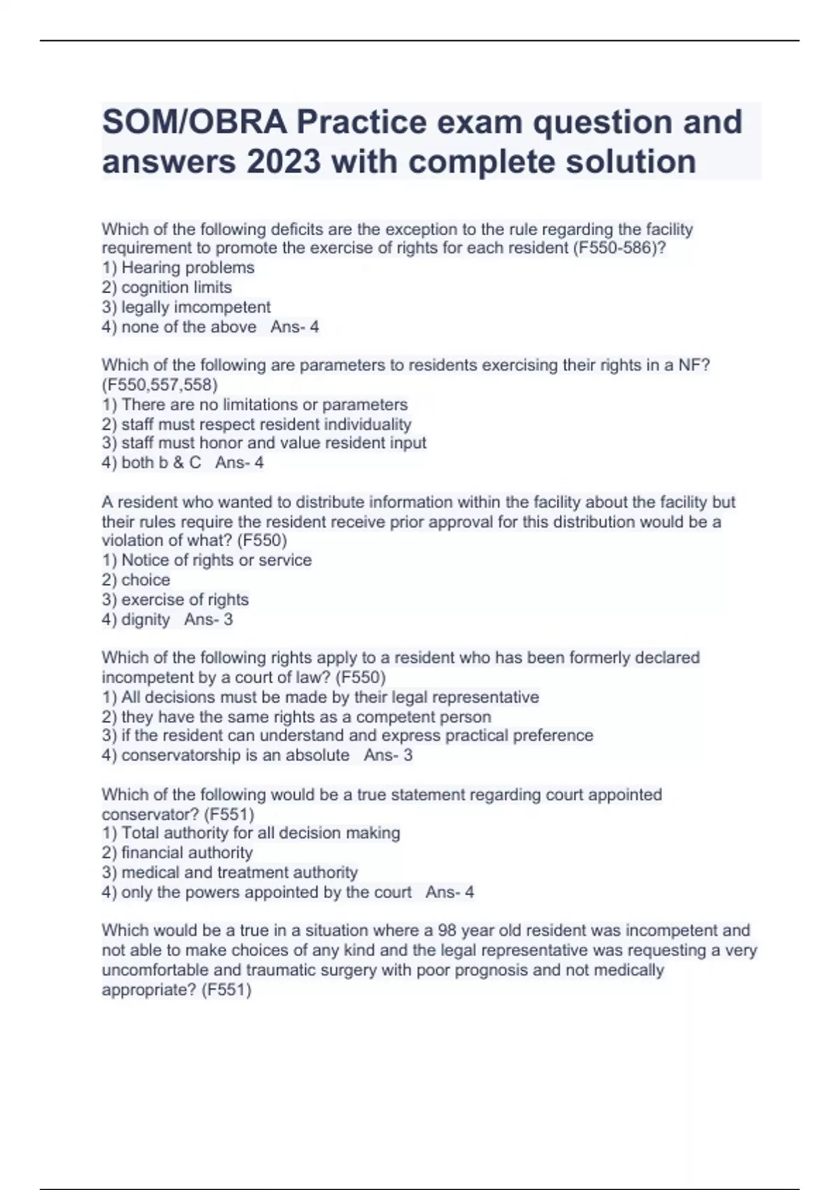 SOM/OBRA Practice exam question and answers 2023 with complete solution - SOM/OBRA - Stuvia US