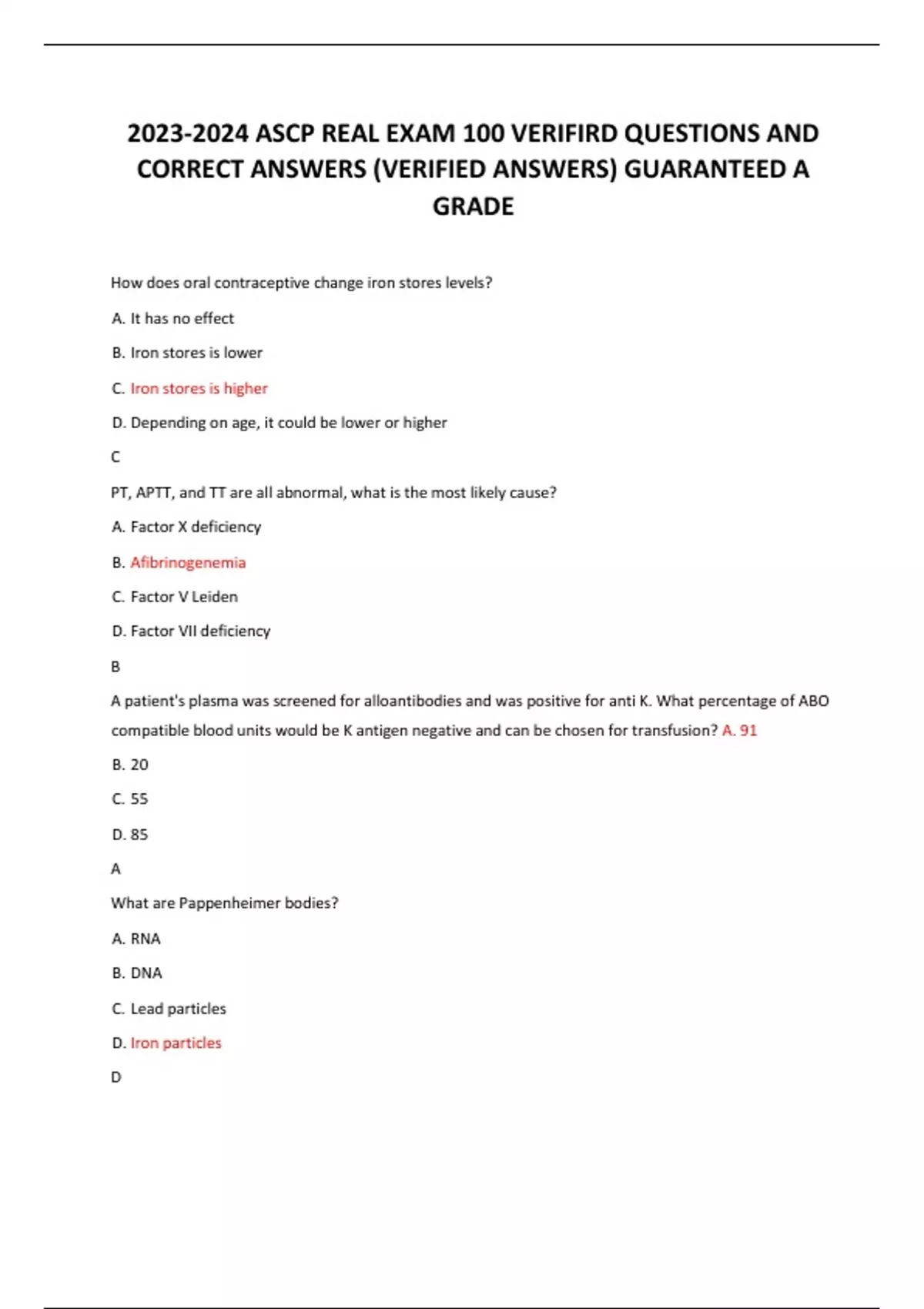 ASCP REAL EXAM 100 VERIFIRD QUESTIONS AND CORRECT ANSWERS (VERIFIED ...