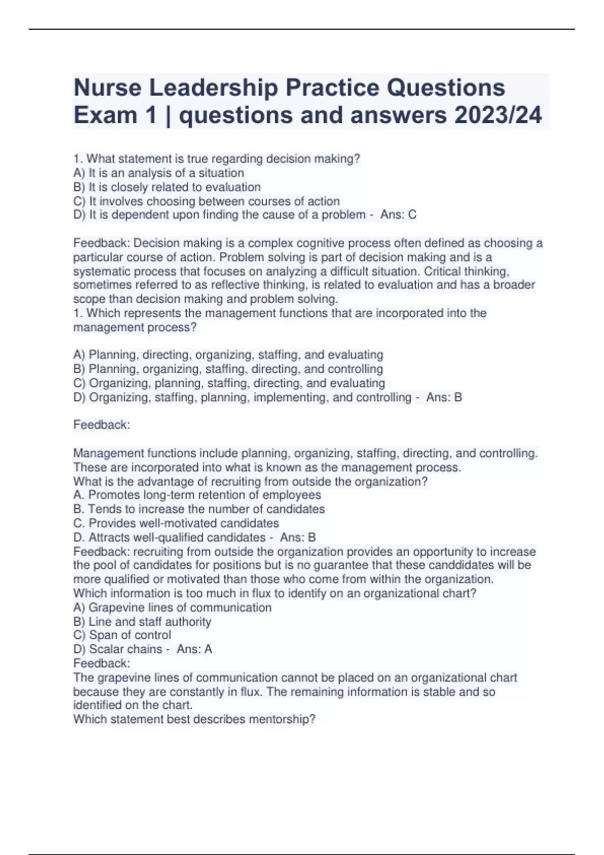Nurse Leadership Practice Questions Exam 1 | questions and answers 2023 ...