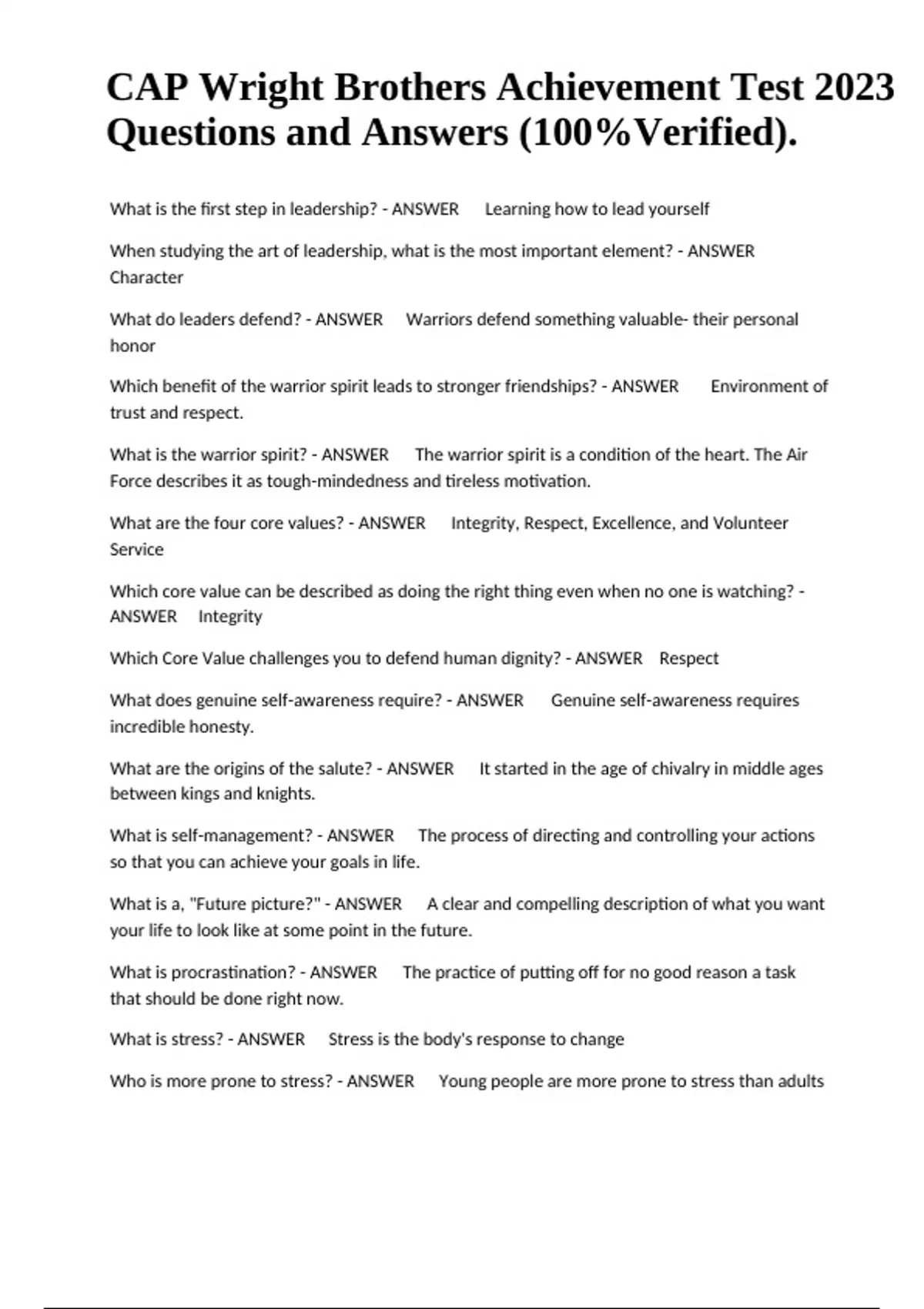 CAP Wright Brothers Achievement Test 2023 Questions and Answers (100 ...