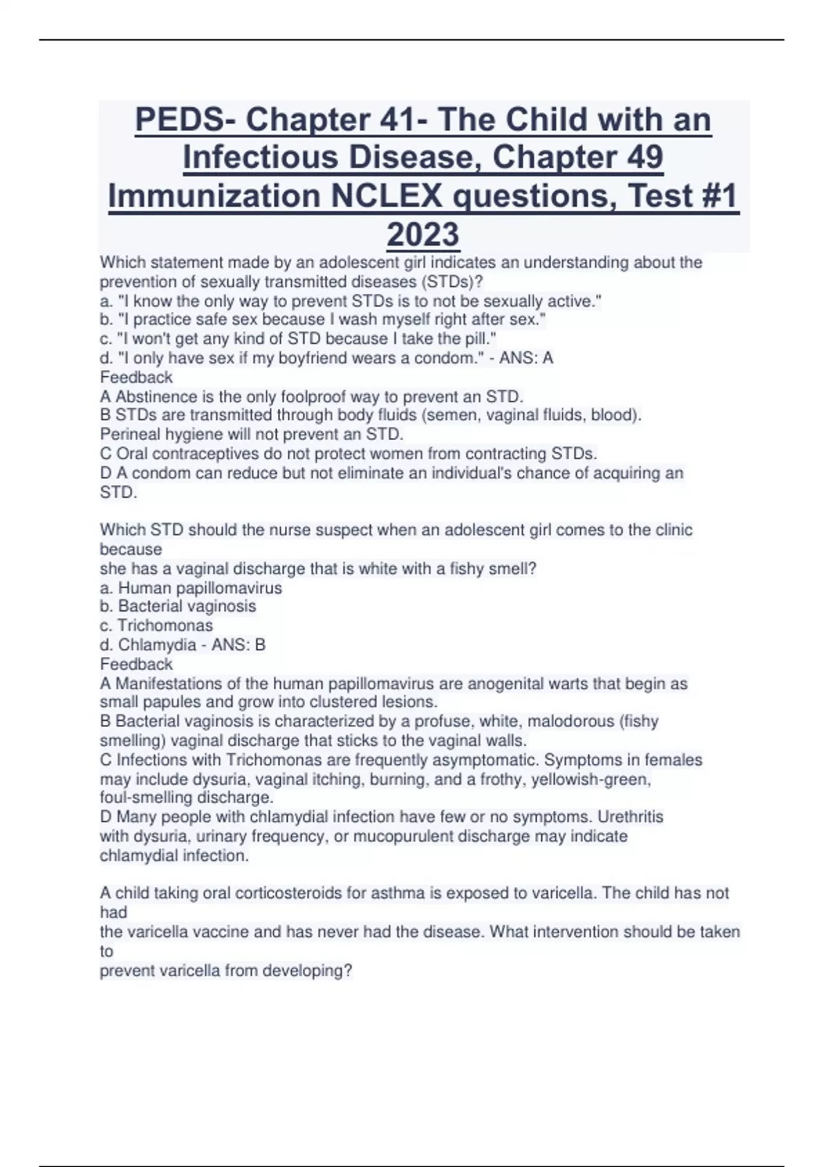 PEDS- Chapter 41- The Child with an Infectious Disease, Chapter 49 Immunization NCLEX questions ...