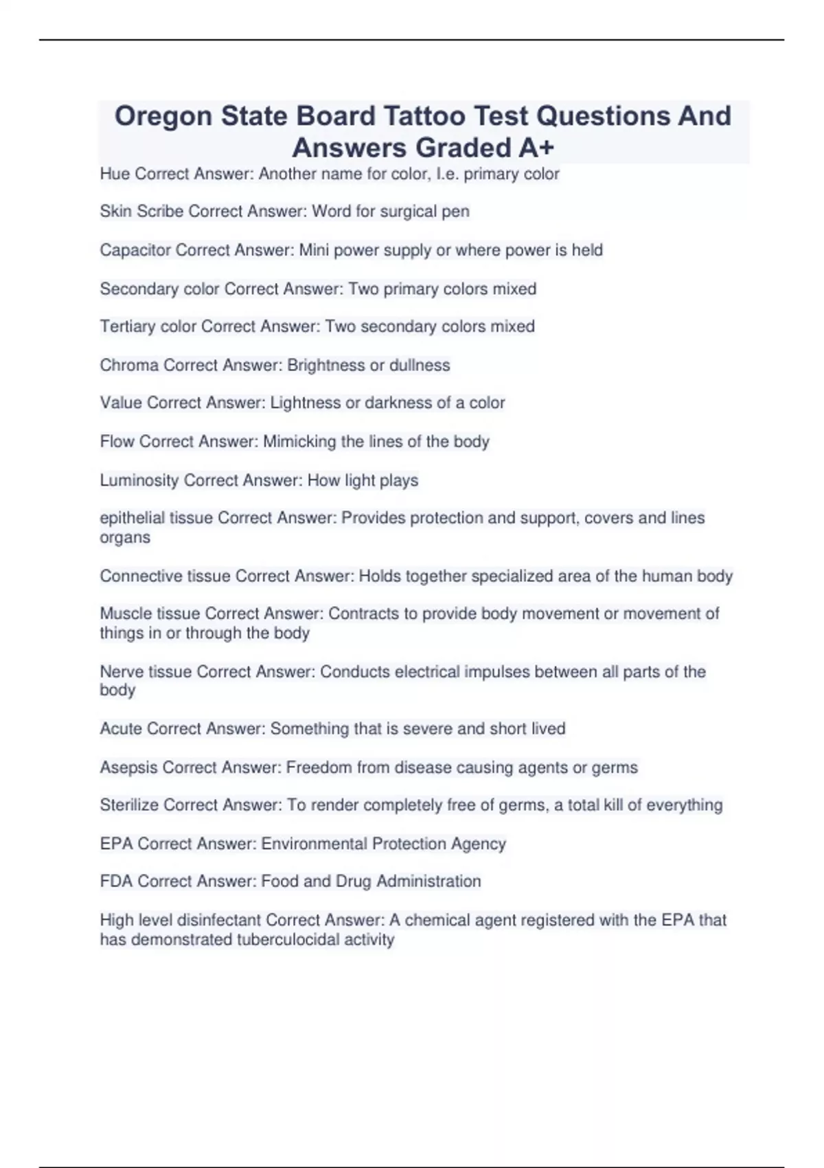 Oregon State Board Tattoo Test Questions And Answers Graded A+ - Oregon ...