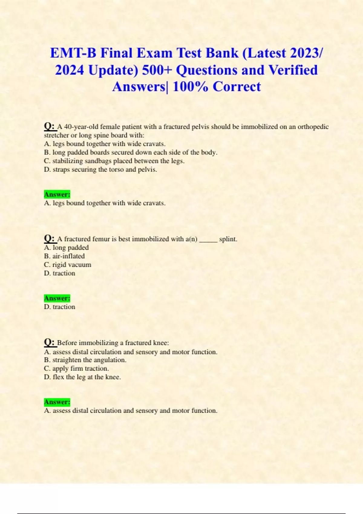 EMT-B Final Exam Test Bank (Latest 2023/ 2024 Update) 500+ Questions ...