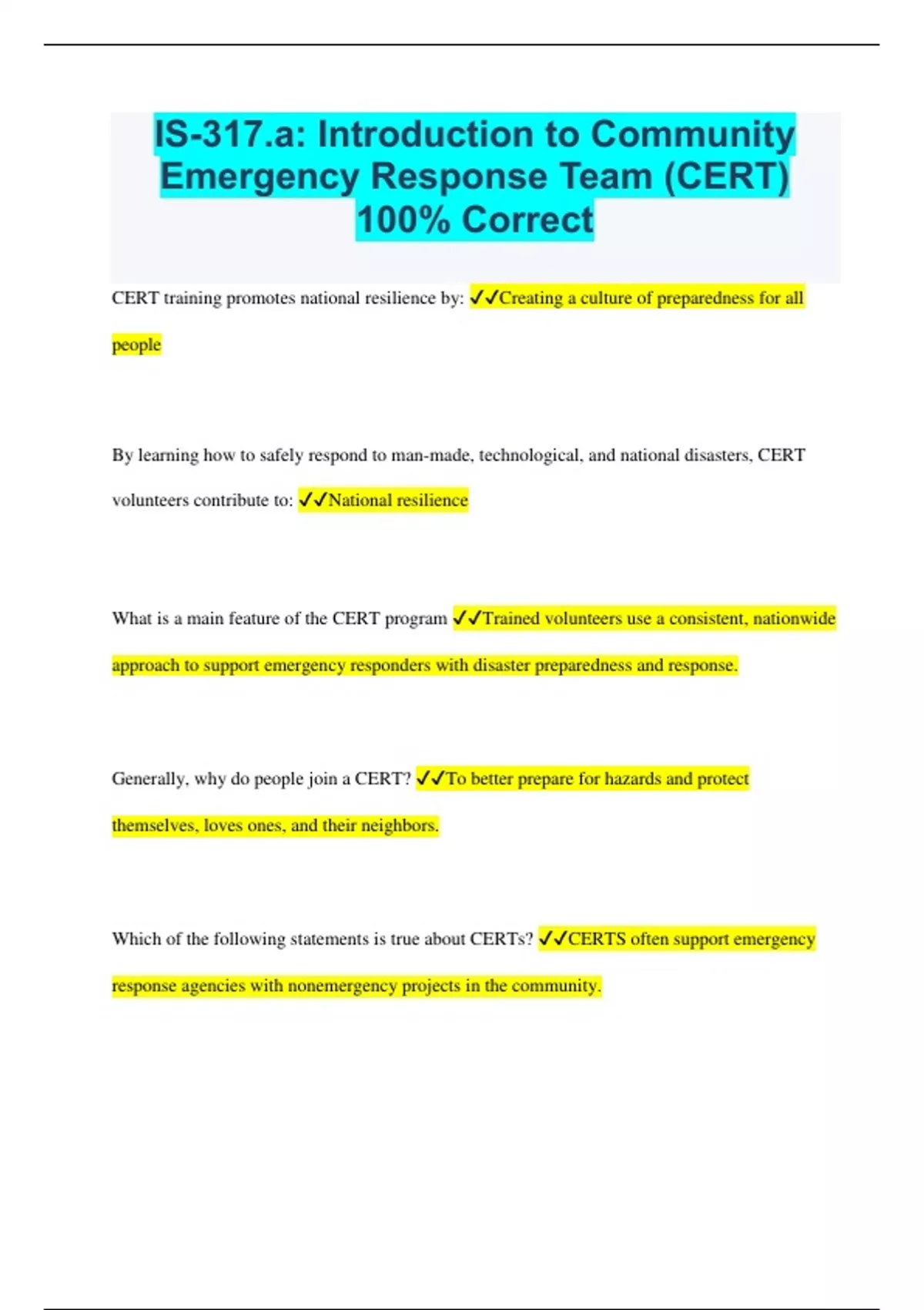 IS-317.a: Introduction to Community Emergency Response Team (CERT) 100% ...