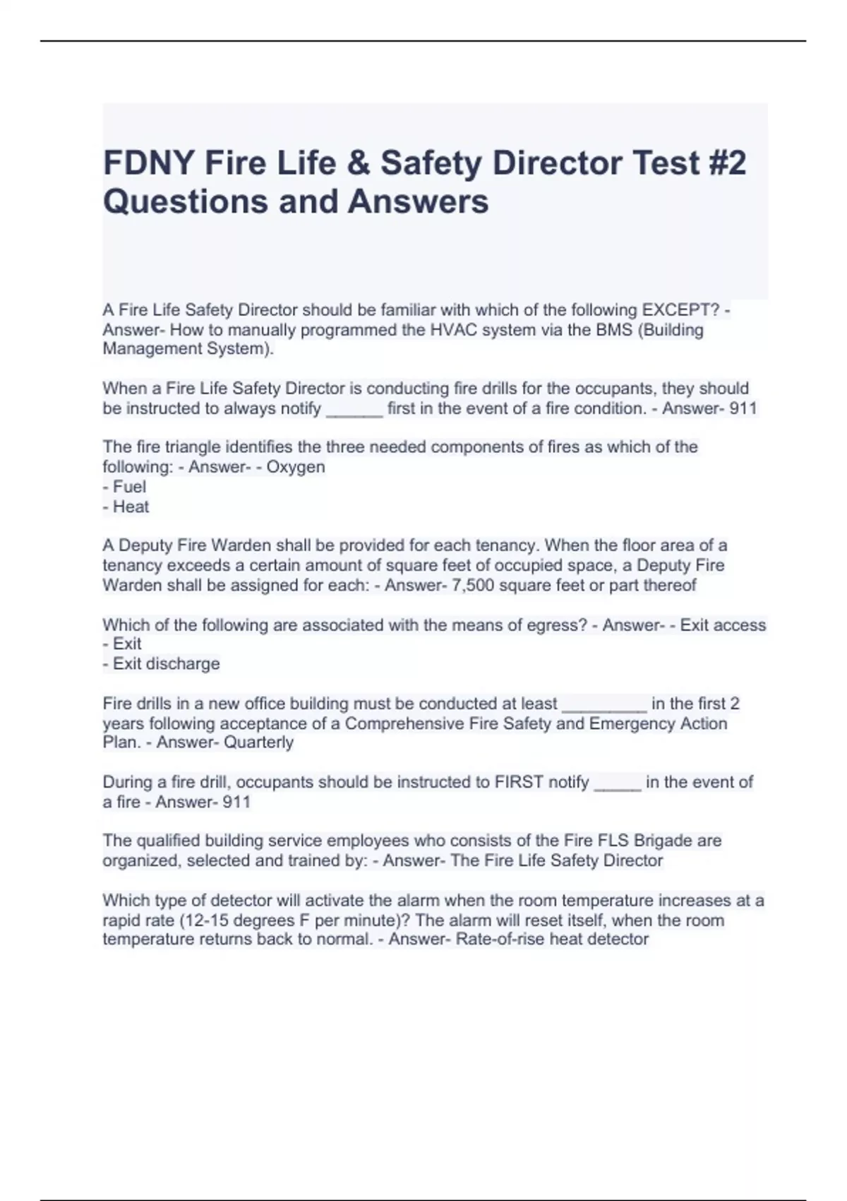 FDNY Fire Life & Safety Director Test #2 Questions and Answers - FDNY ...
