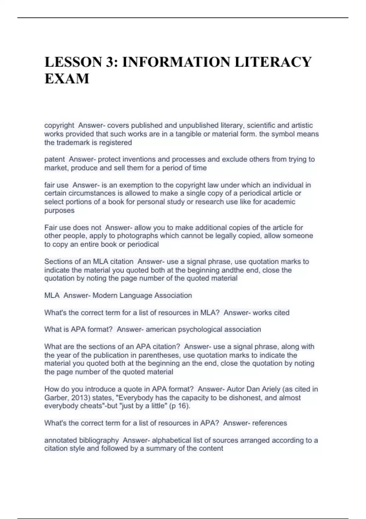 LESSON 3: INFORMATION LITERACY EXAM - INFORMATION LITERACY - Stuvia US