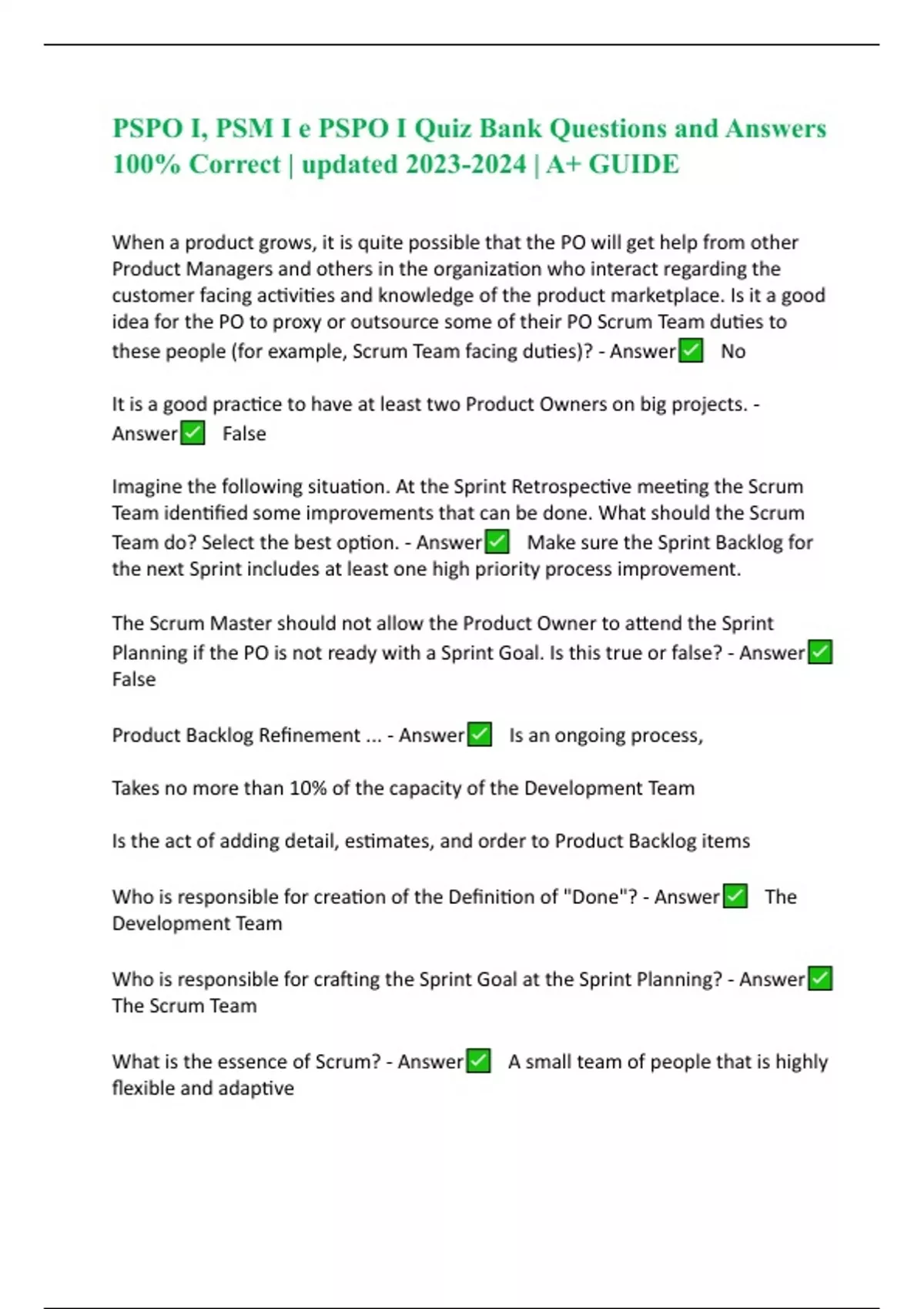 PSPO I, PSM I e PSPO I Quiz Bank Questions and Answers 100% Correct ...