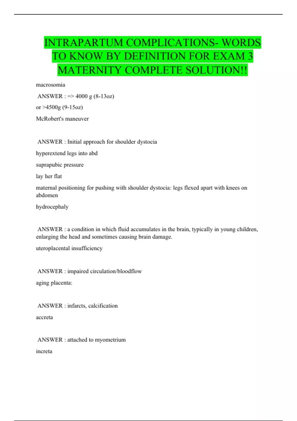 INTRAPARTUM COMPLICATIONS- WORDS TO KNOW BY DEFINITION FOR EXAM 3 ...