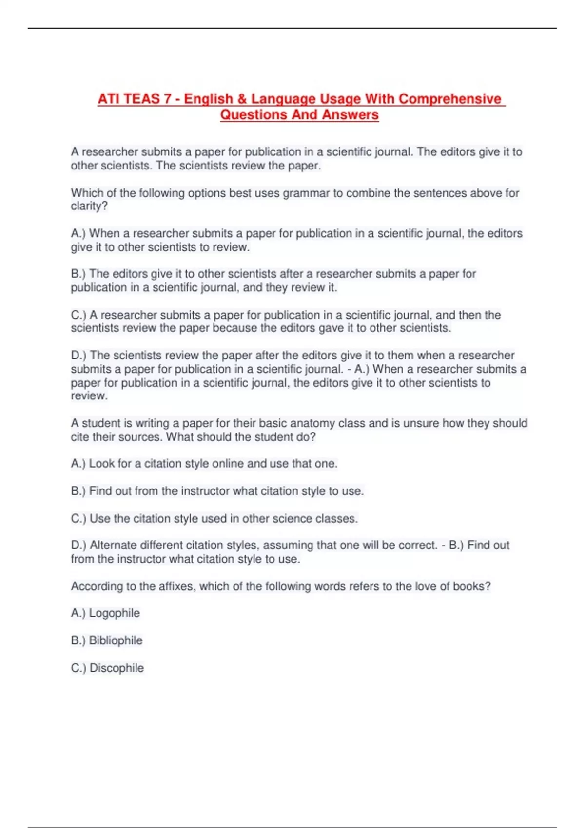 bundle for ATI TEAS 7 Practice Questions and Answers with latest ...