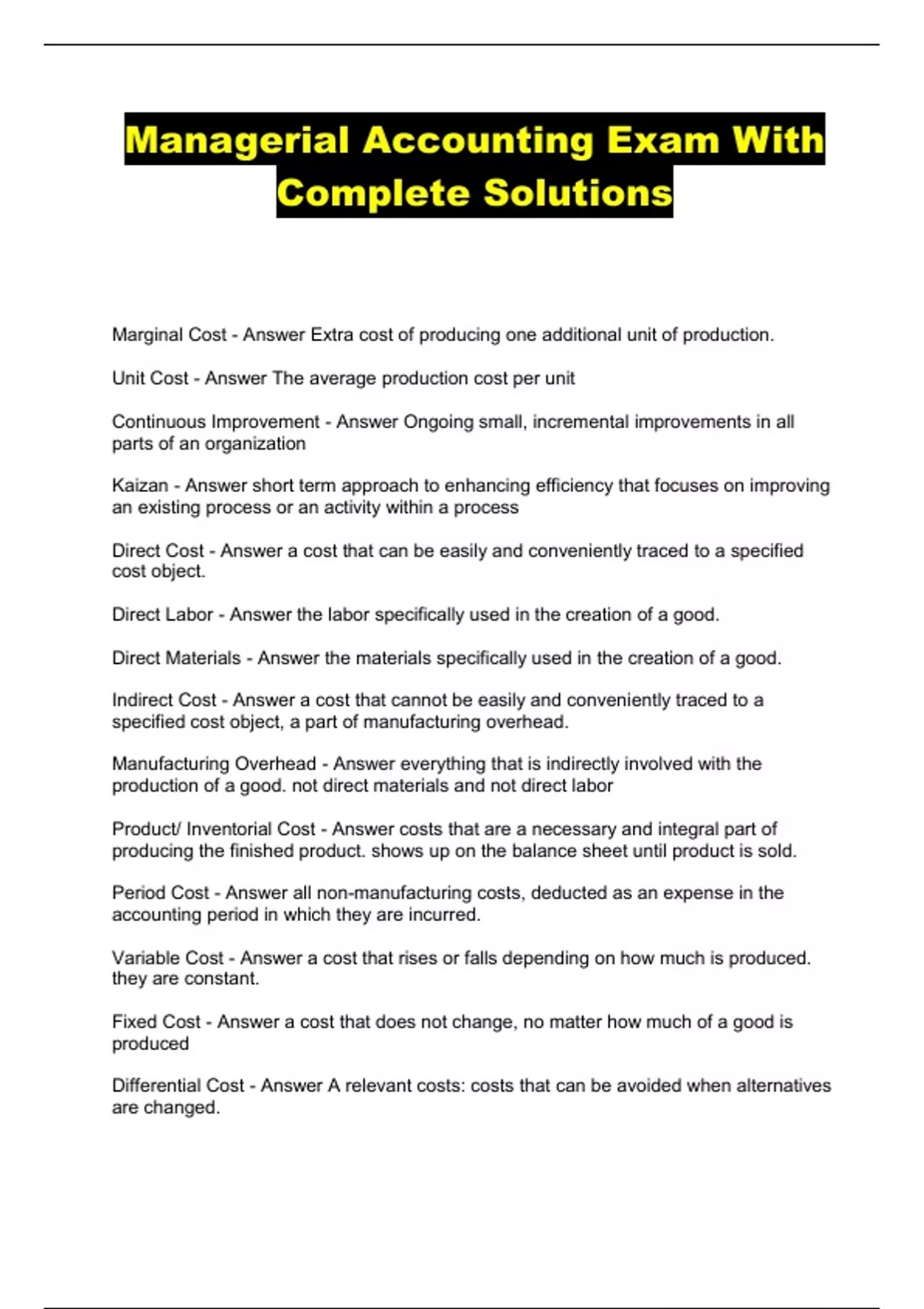 Managerial Accounting Exam With Complete Solutions Managerial