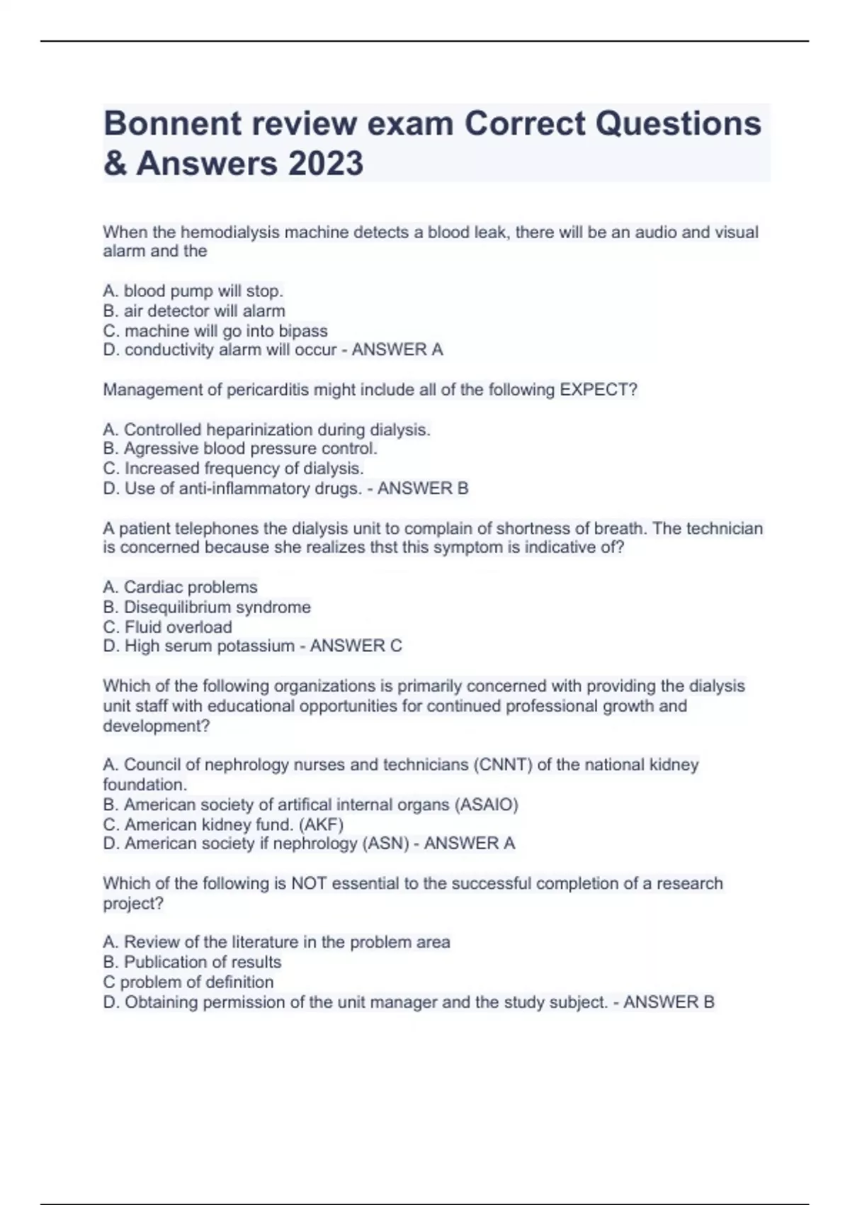 Bonnet review exam Correct Questions & Answers 2023 - Bonet - Stuvia US
