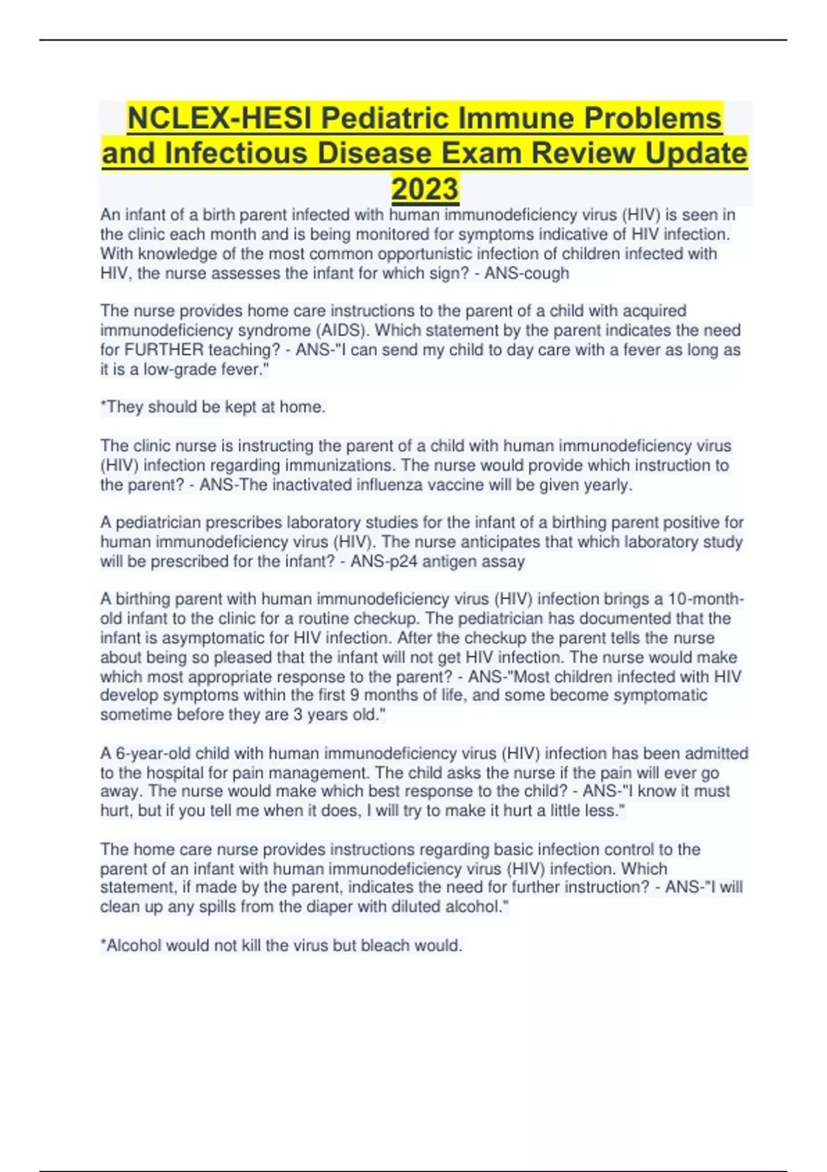 NCLEX-HESI Pediatric Immune Problems and Infectious Disease Exam Review ...