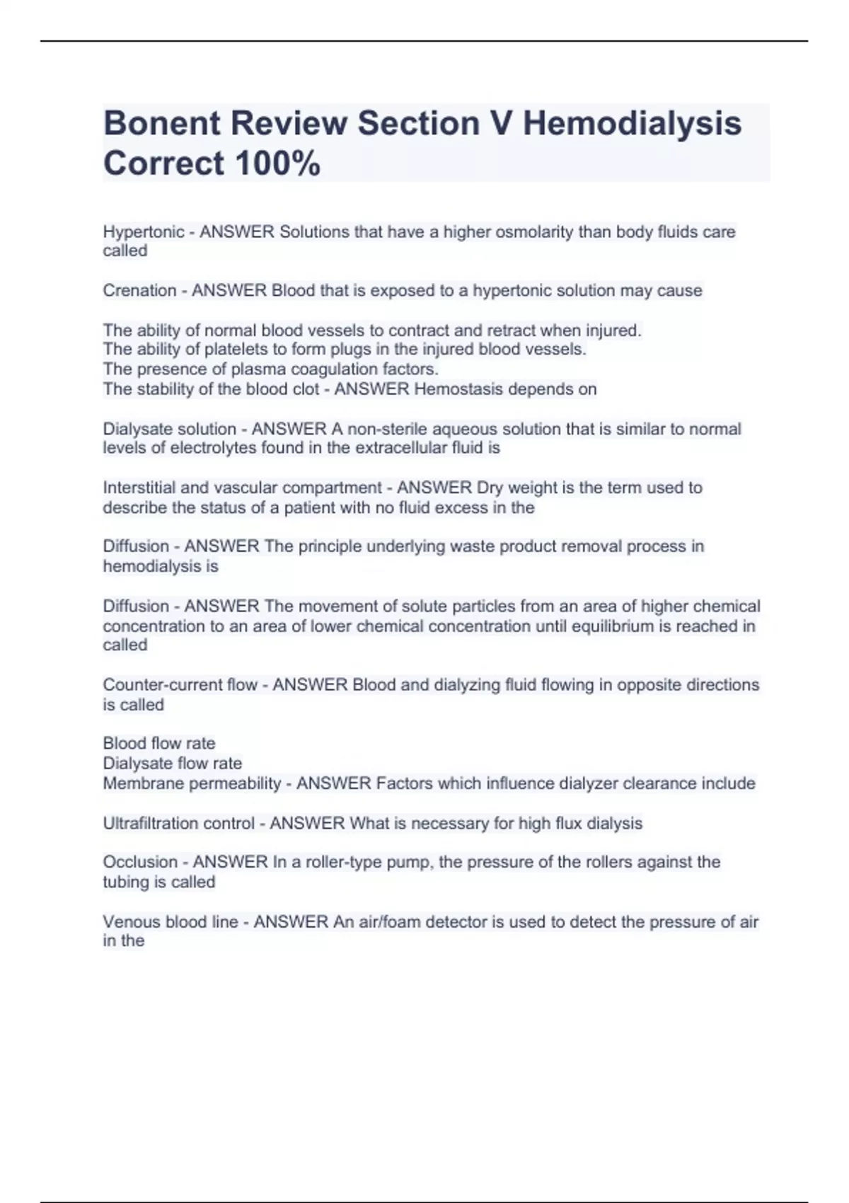 Bonent Review Section V Hemodialysis Correct 100% - Bonent - Stuvia US