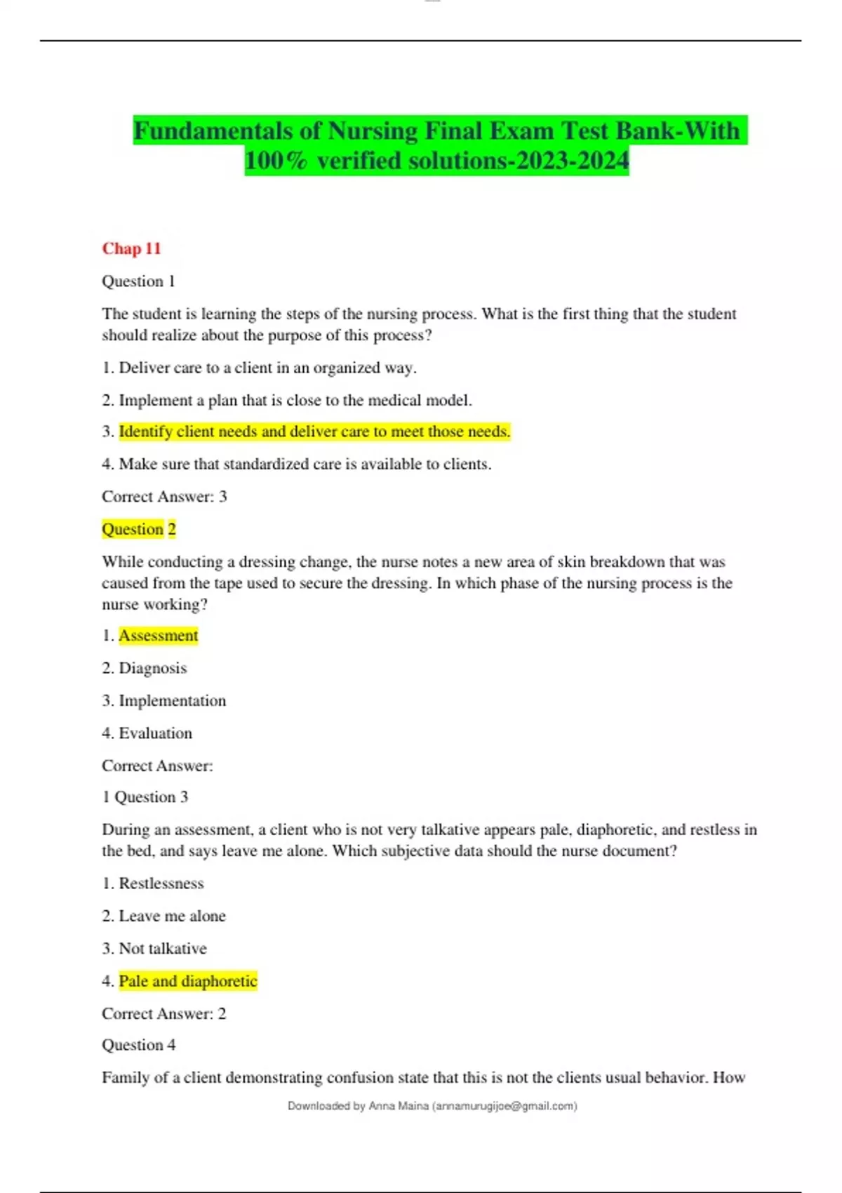 Fundamentals of Nursing Final Exam Test Bank-With 100% verified ...