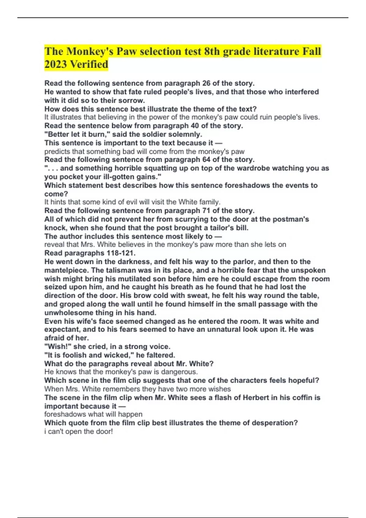 The Monkey's Paw selection test 8th grade literature Fall 2023 Verified ...