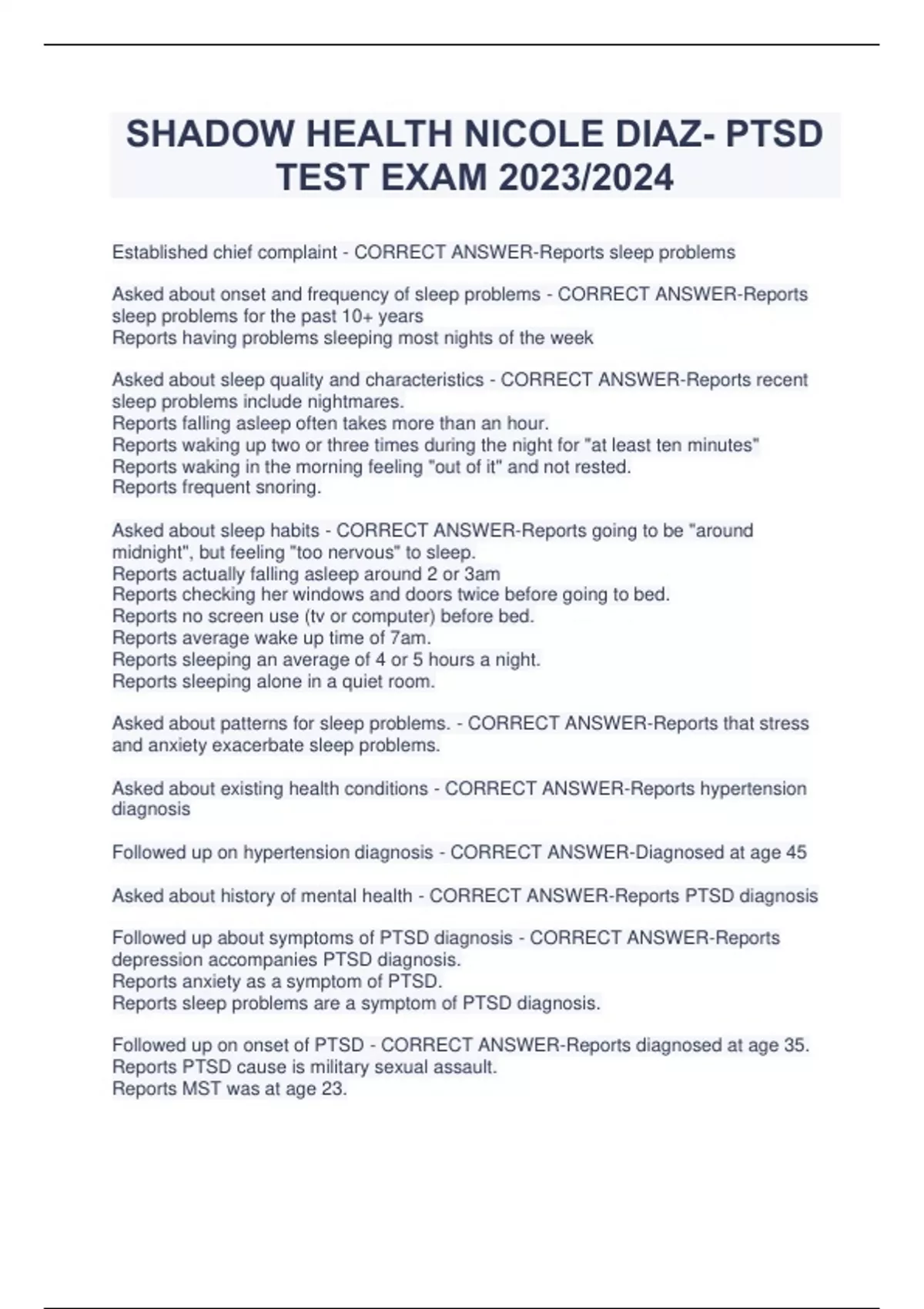 SHADOW HEALTH NICOLE DIAZ- PTSD TEST EXAM 2023/2024 - SHADOW HEALTH ...