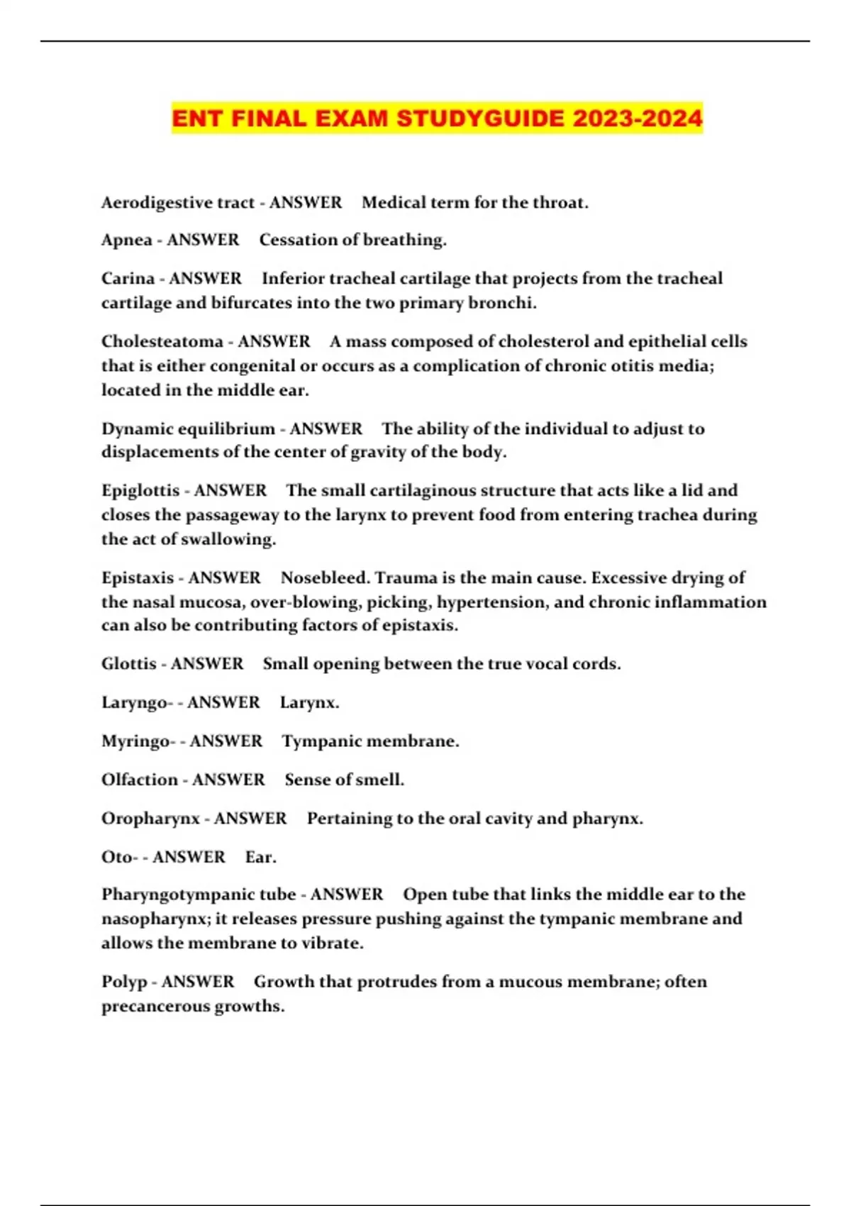 ENT FINAL EXAM STUDYGUIDE - ENT - Stuvia US