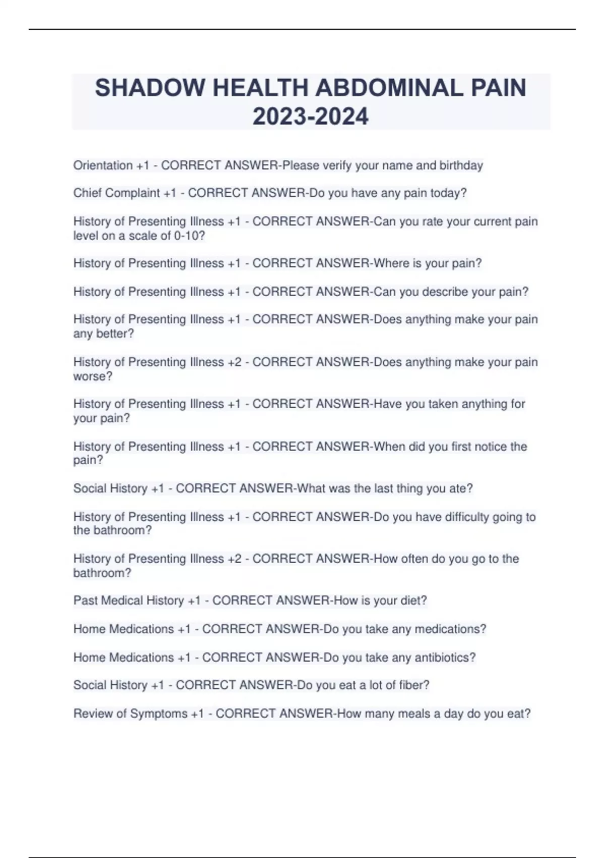 SHADOW HEALTH ABDOMINAL PAIN - SHADOW HEALTH - Stuvia US