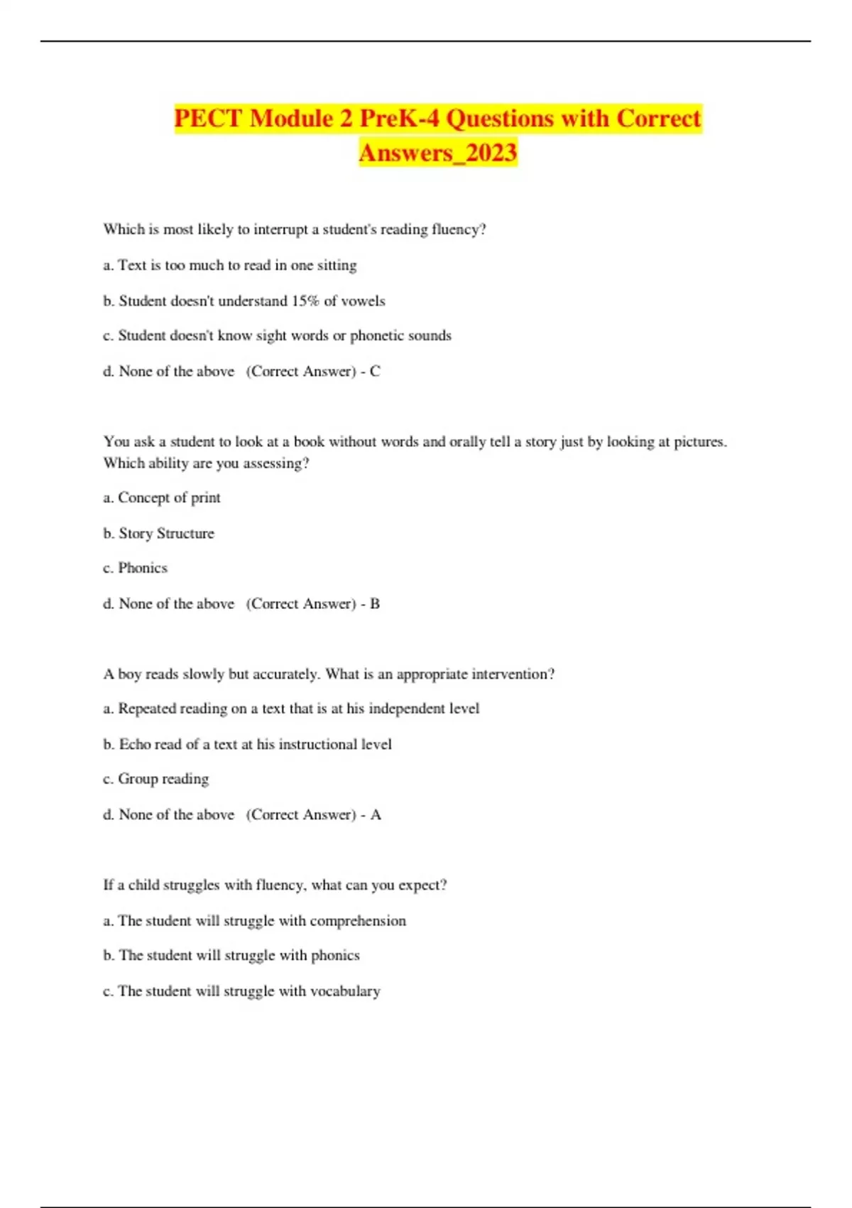 PECT Module 2 PreK-4 Questions with Correct Answers_2023 - PECT Module ...
