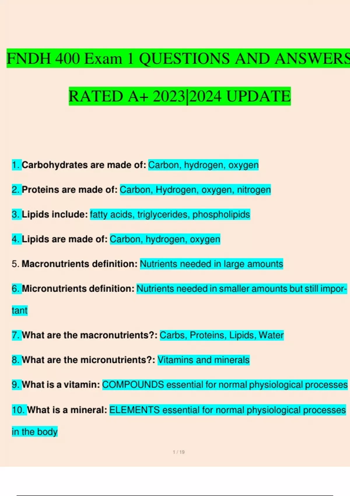 FNDH 400 Exam 1 QUESTIONS AND ANSWERS RATED A+ 2023|2024 UPDATE - FNDH ...