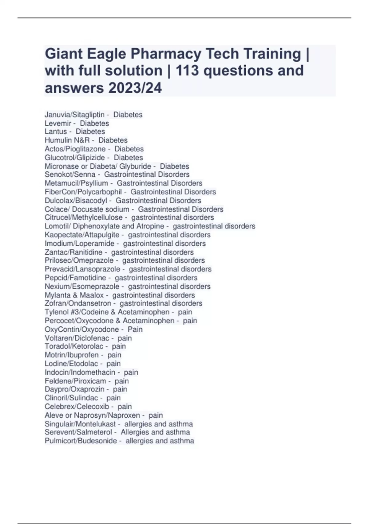 Giant Eagle Pharmacy Tech Training | with full solution | 113 questions and answers 2023/24 ...