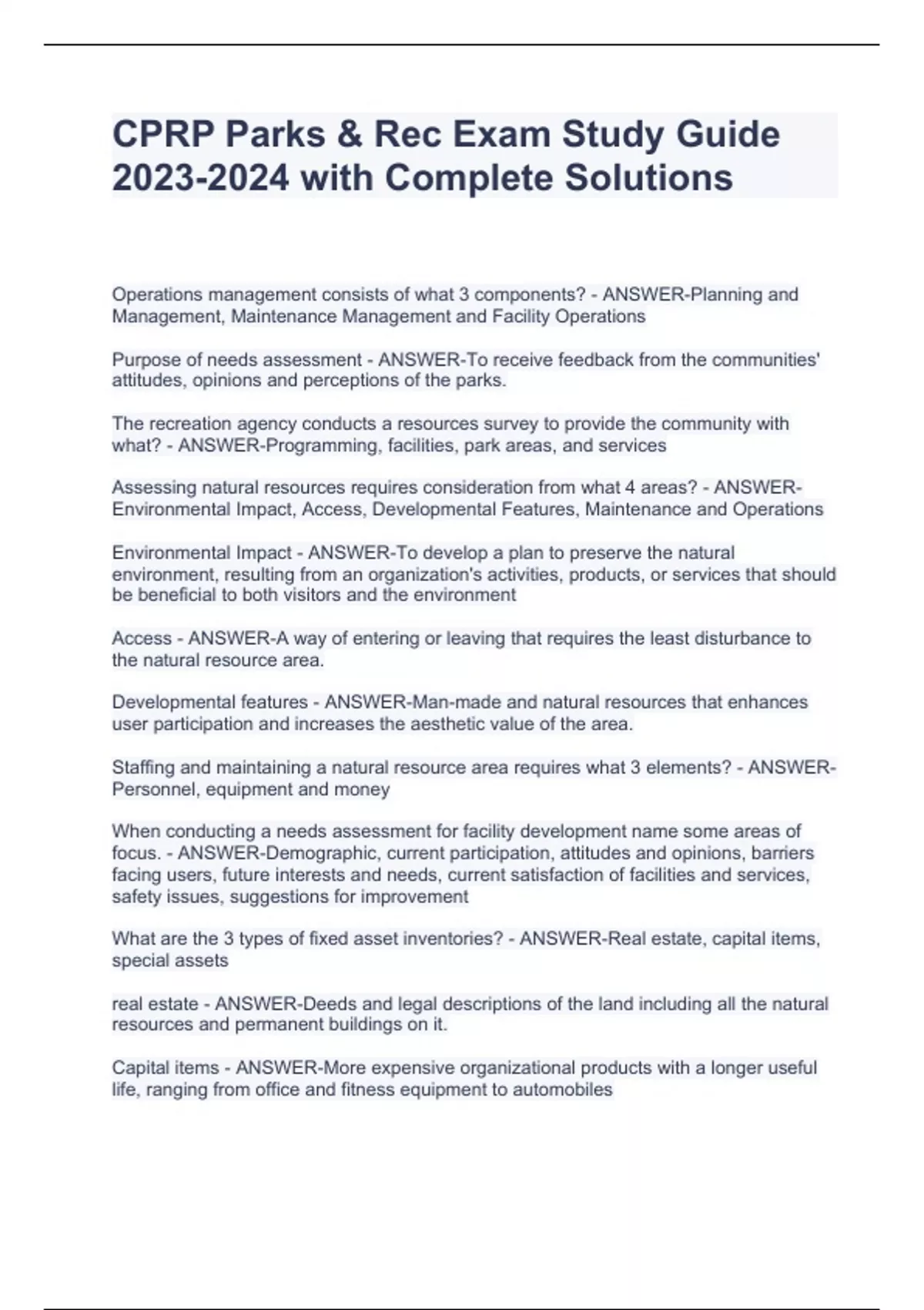 CPRP Parks & Rec Exam Study Guide with Complete Solutions - Cprp ...