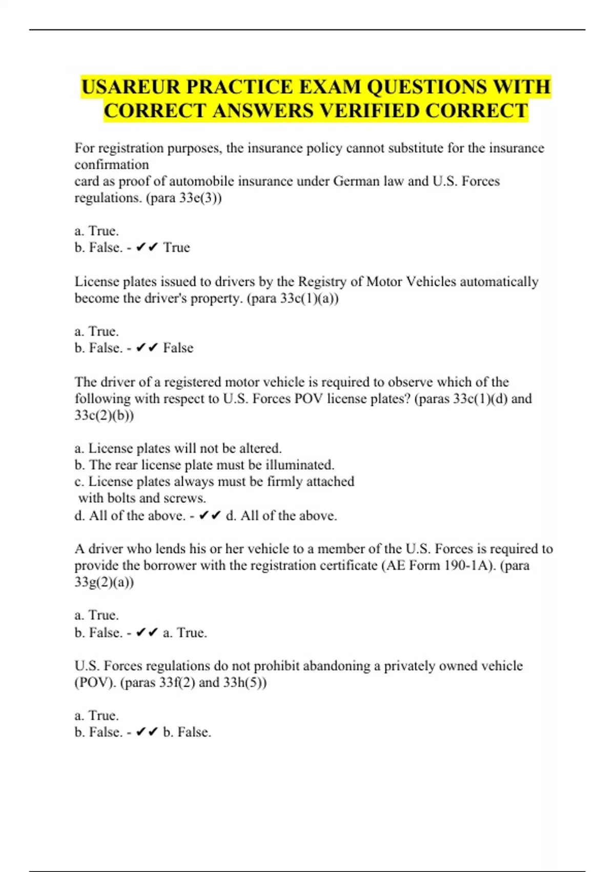 USAREUR PRACTICE EXAM QUESTIONS WITH CORRECT ANSWERS VERIFIED CORRECT ...