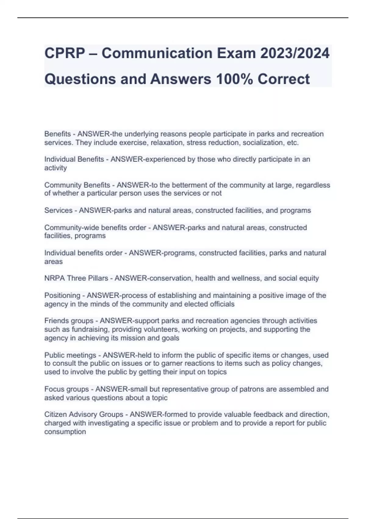 CPRP – Communication Exam 2023/2024 Questions and Answers 100% Correct ...