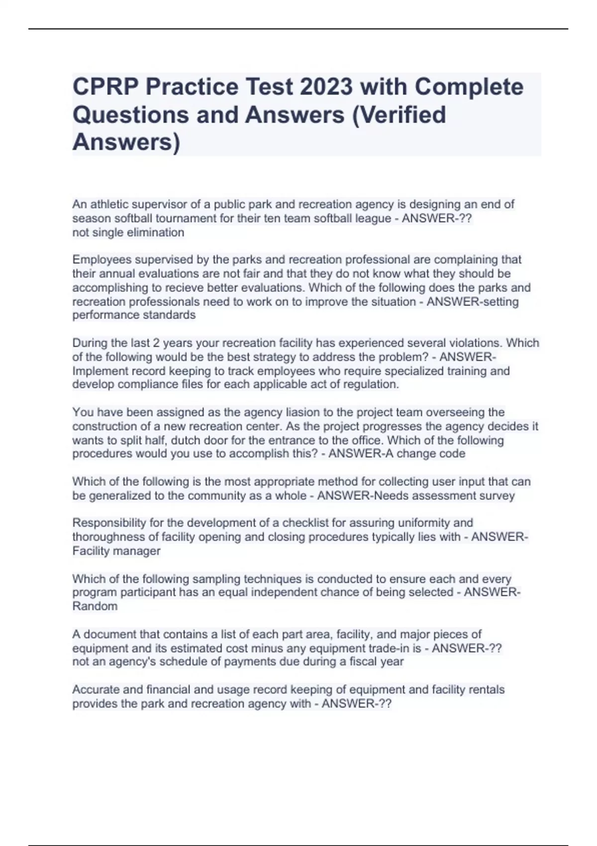 CPRP Practice Test 2023 with Complete Questions and Answers (Verified ...