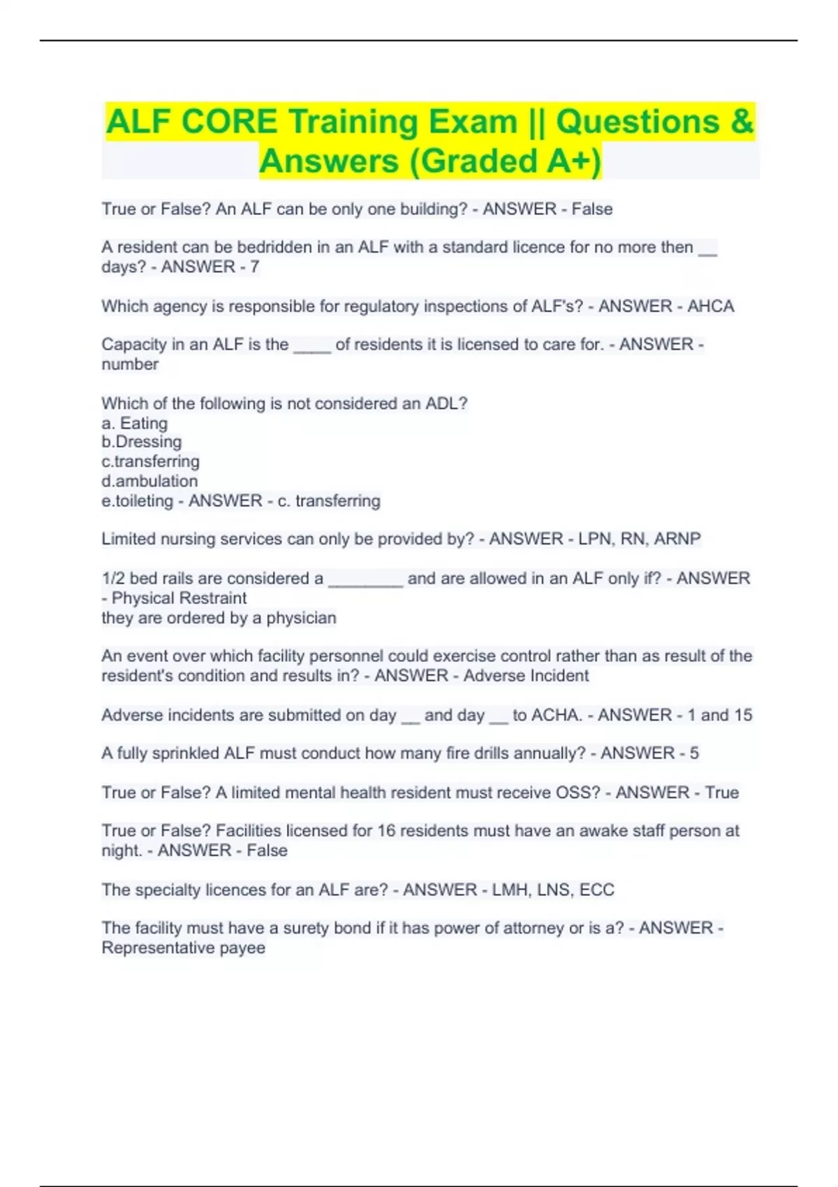 ALF CORE Training Exam || Questions & Answers (Graded A+) - ALF - Stuvia US